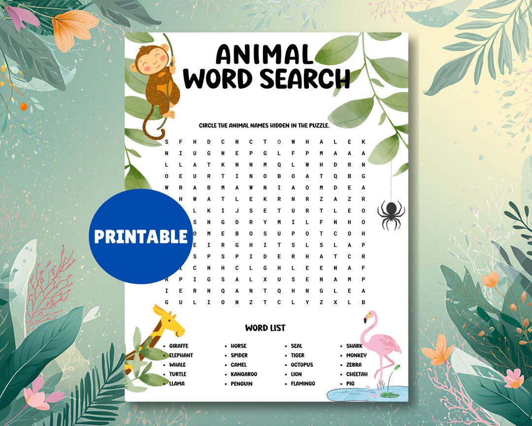 Word Search for Kids, Printable Easy Animal Word Search, Elementary ...