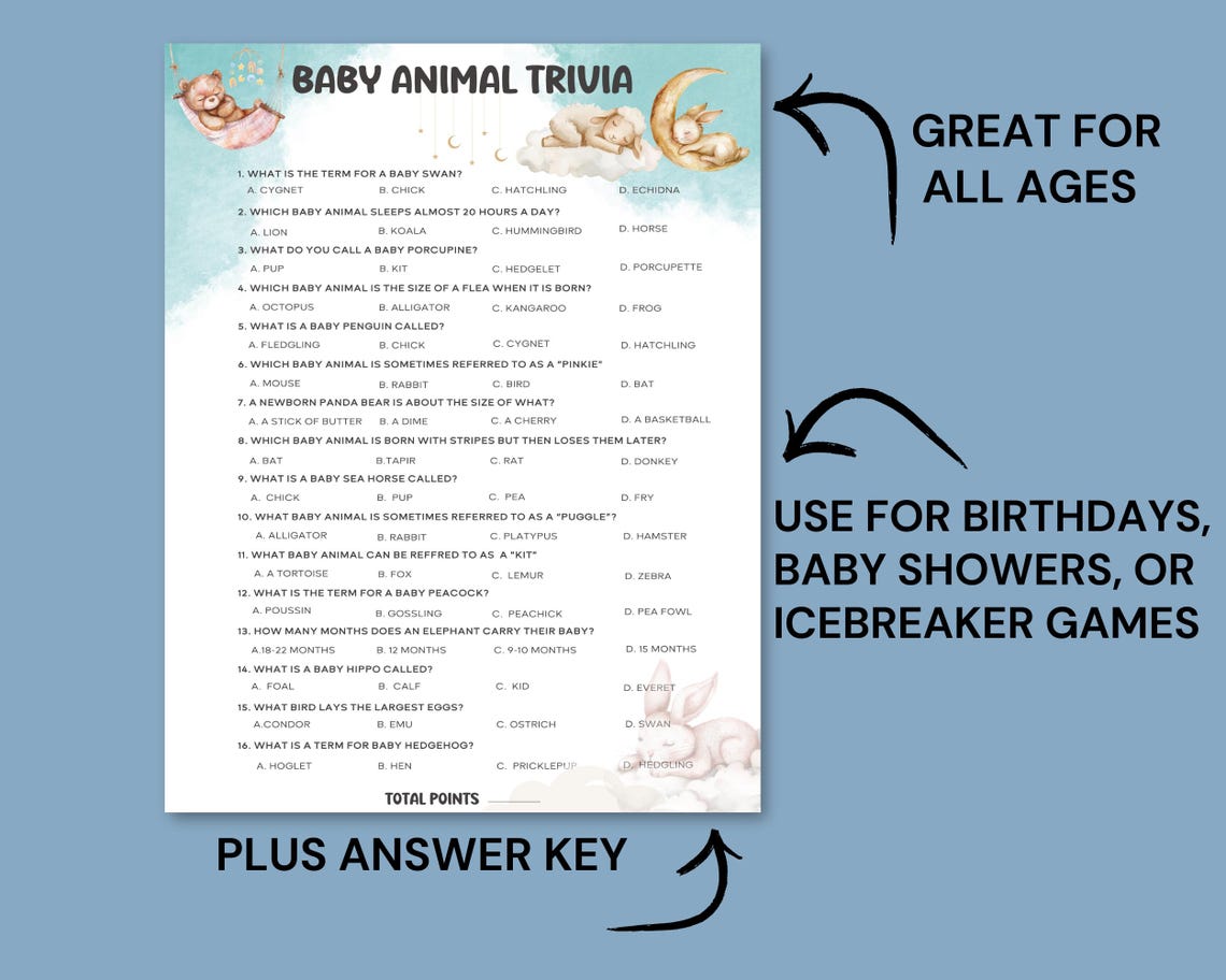 Baby Animal Trivia, Animal Themed Birthday Game, Baby Shower Game ...