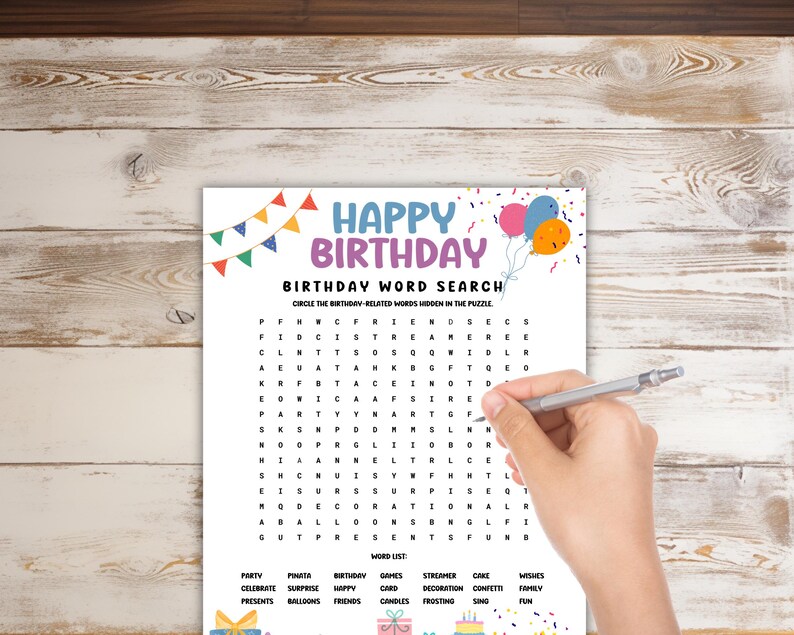 Birthday Word Search Printable, Word Search for Birthday Party ...