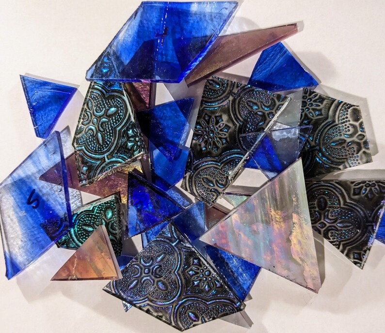 Stained Glass Scrap Pieces Blues and Irids Variety of Colors Hand ...