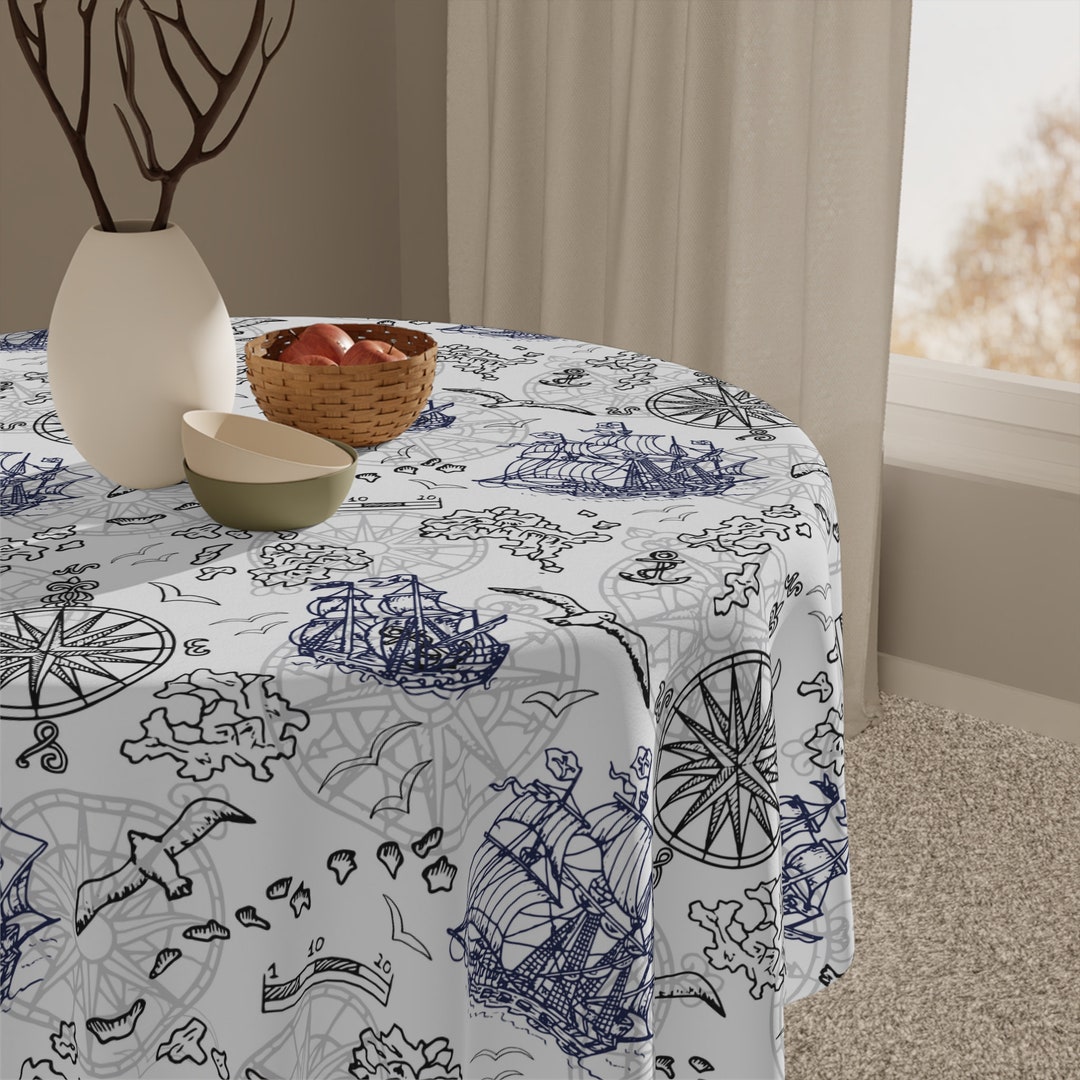 Vintage White & Navy Handdrawn Nautical Tablecloth Coastal Home Decor ...