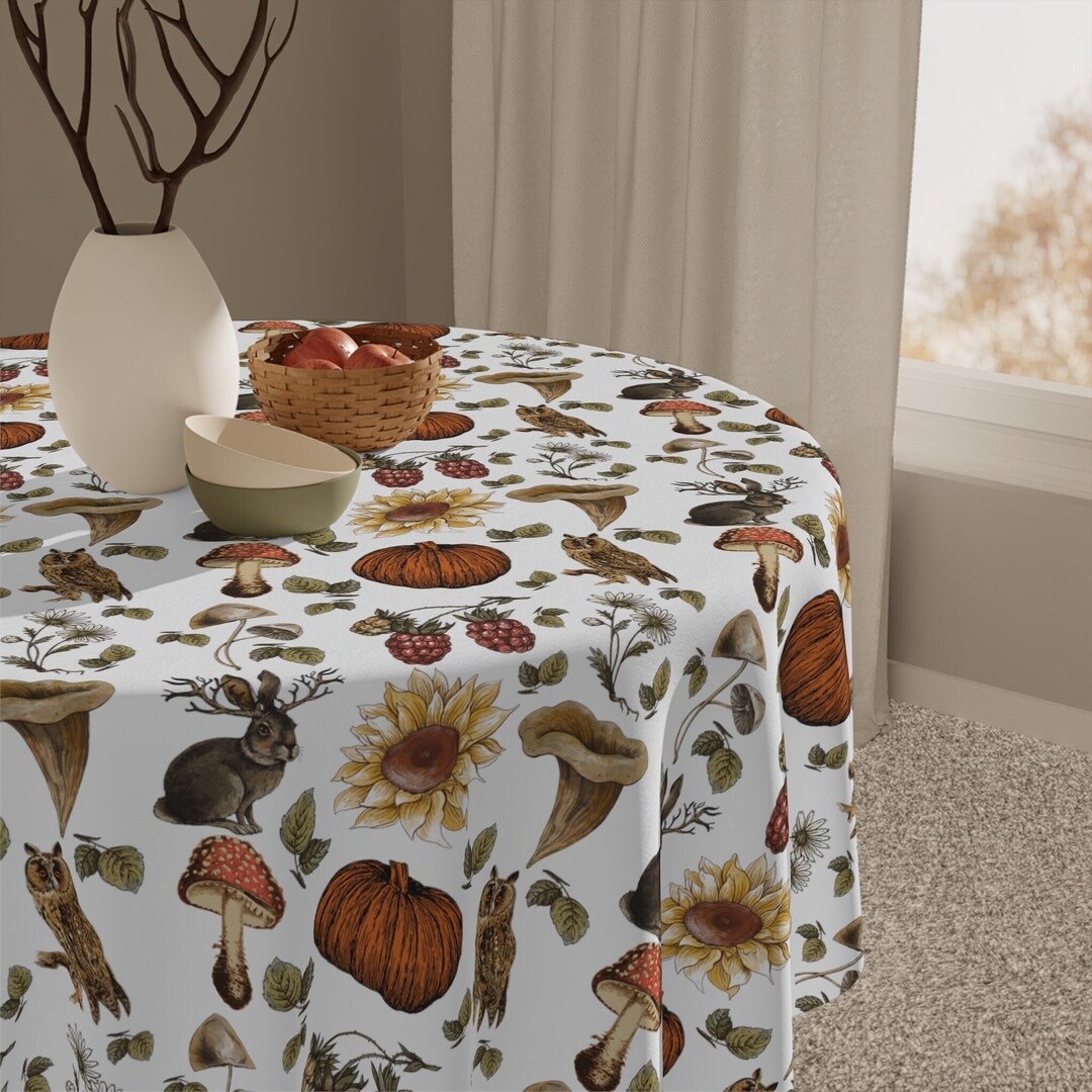 Vintage Autumn Forest Tablecloth Featuring Mushrooms, Pumpkins ...