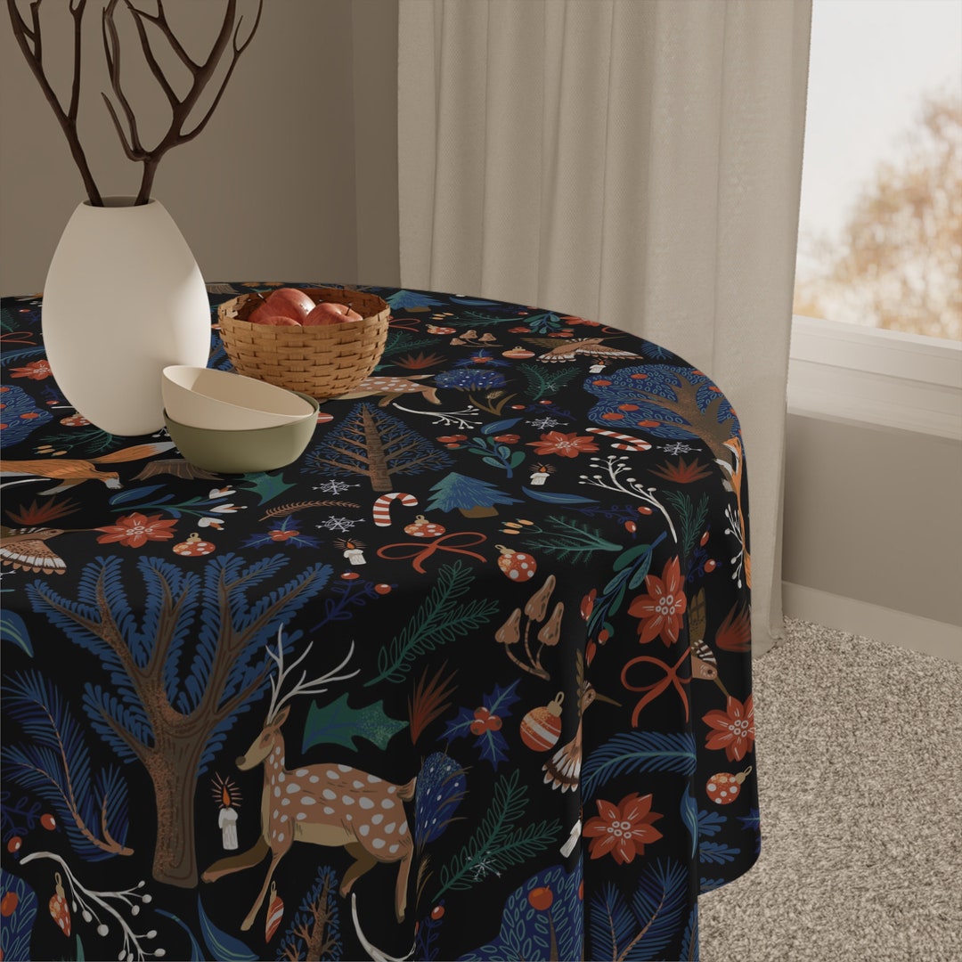 Rustic Christmas Print Tablecloth Featuring Owls, Foxes, Mushrooms ...