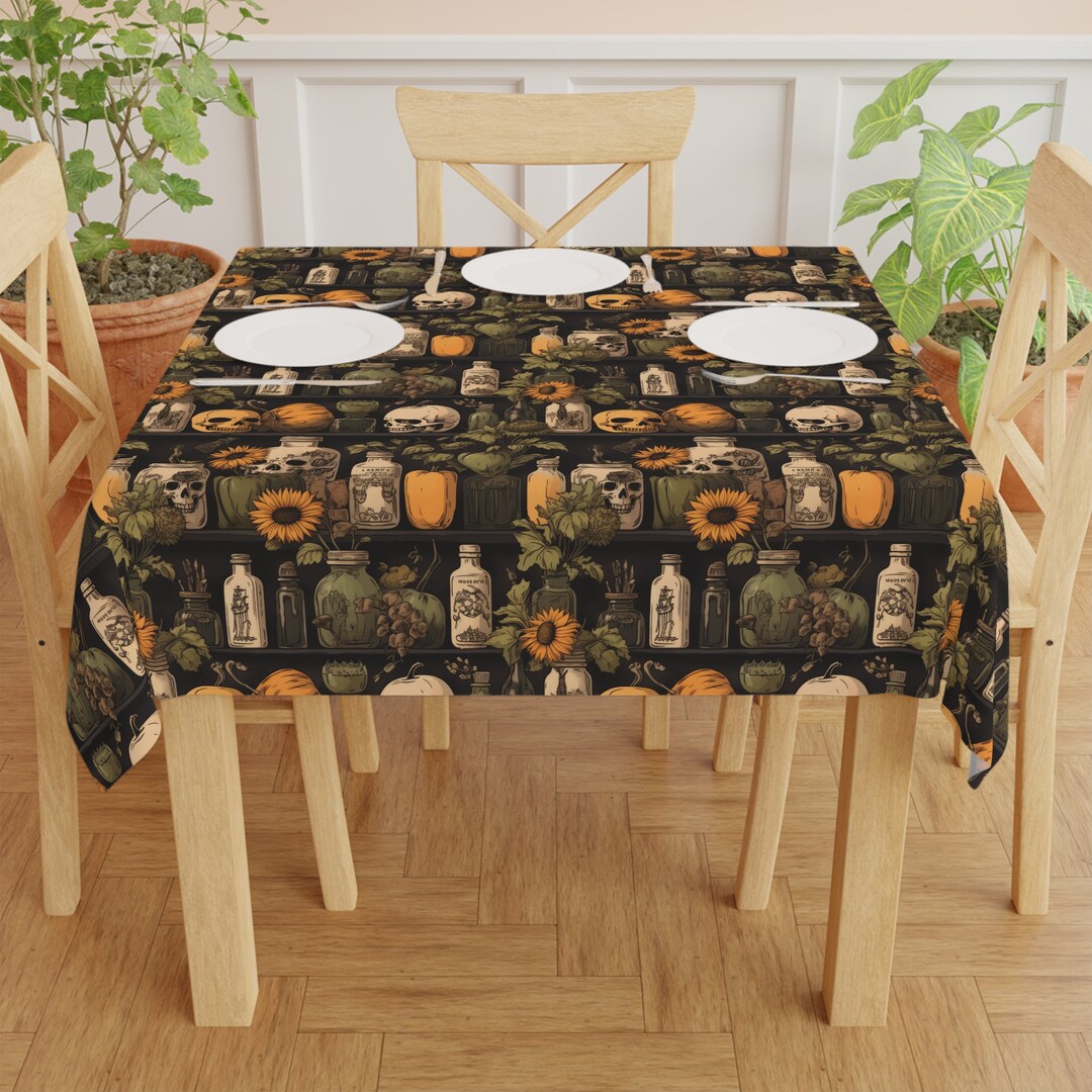 Vintage Halloween Tablecloth Spooky Skulls and Pumpkins One Size ...
