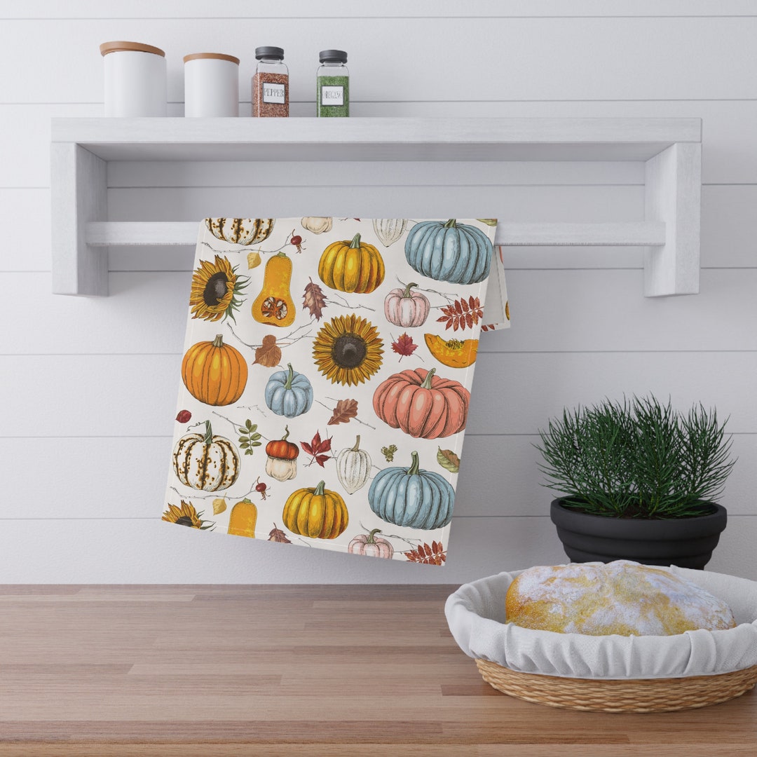 Vintage Autumn Kitchen Towel Hand Drawn Fall Pumpkins, Sunflowers ...