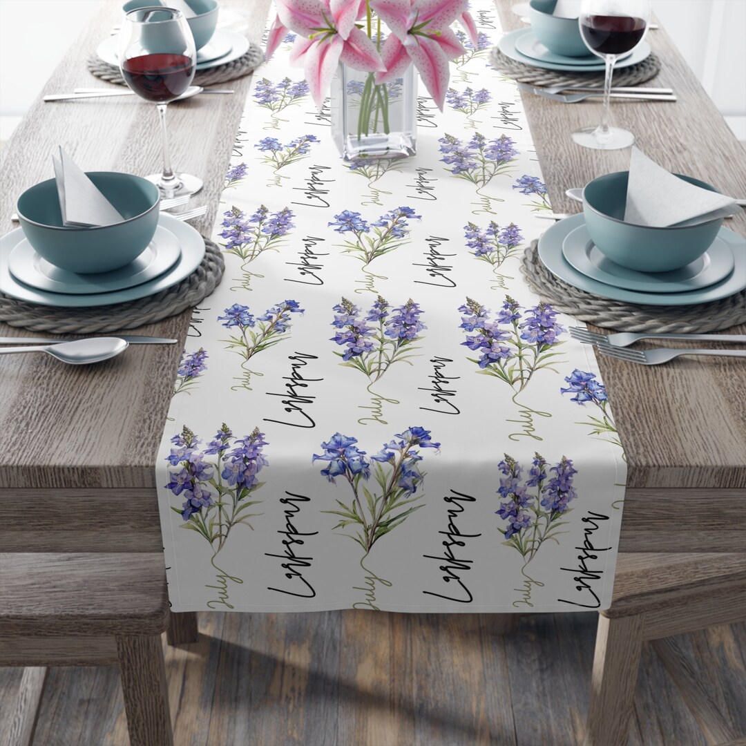 Personal Birth Month Flower Table Runner cotton, Poly July Larkspur ...