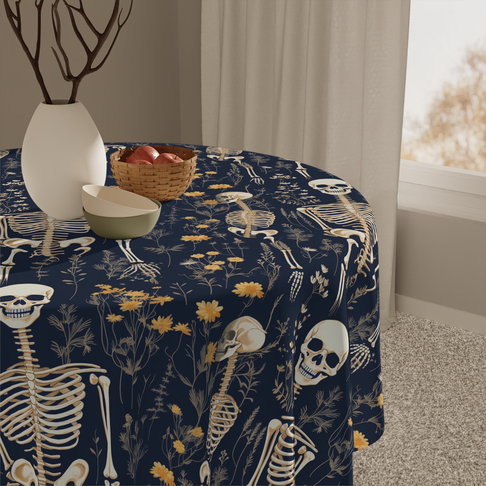 Halloween Tablecloth Skeletons Wildflowers Tablecloth Fun Floral ...