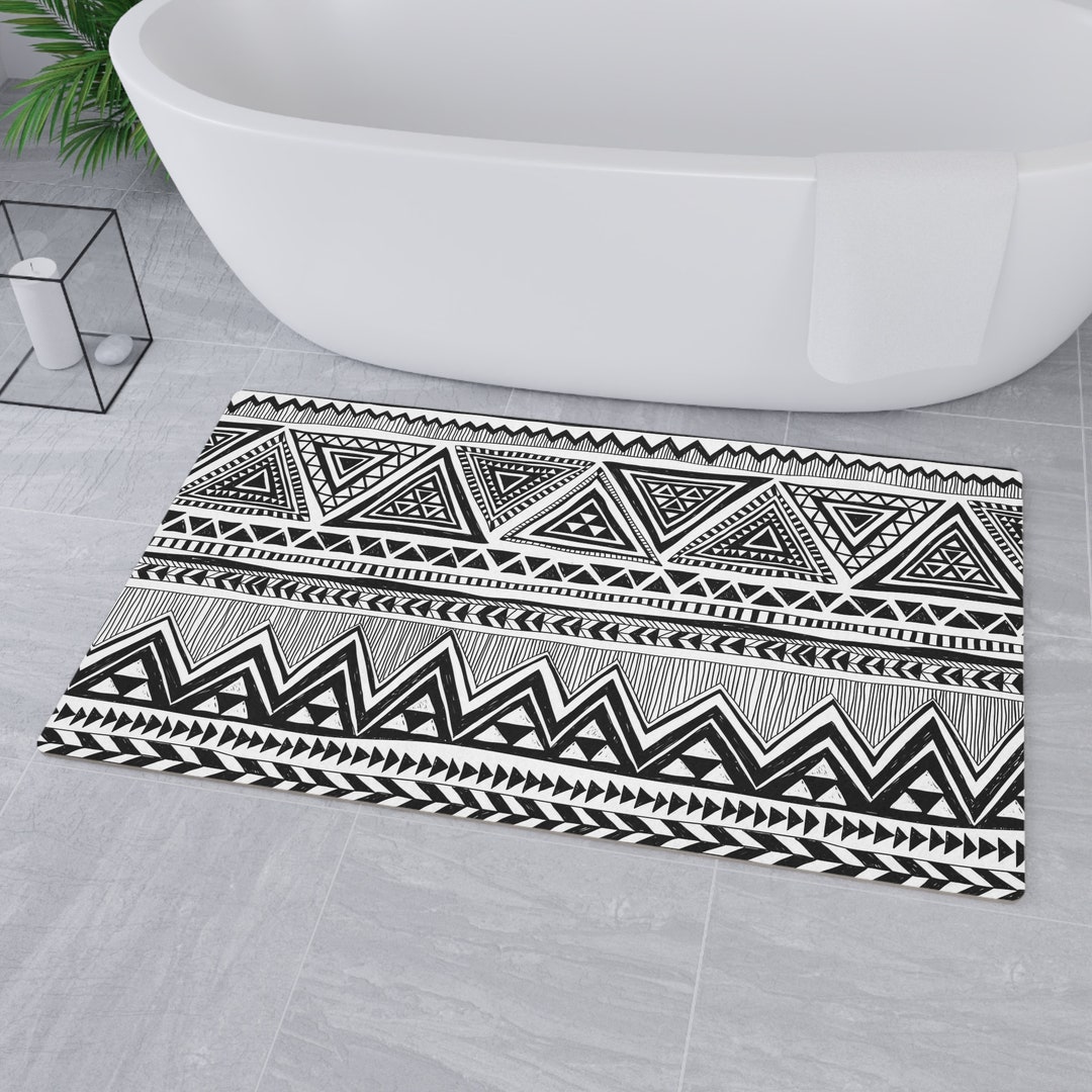 Navajo Black & White Tribal Floor Mat With Doodle Elements Nonslip ...