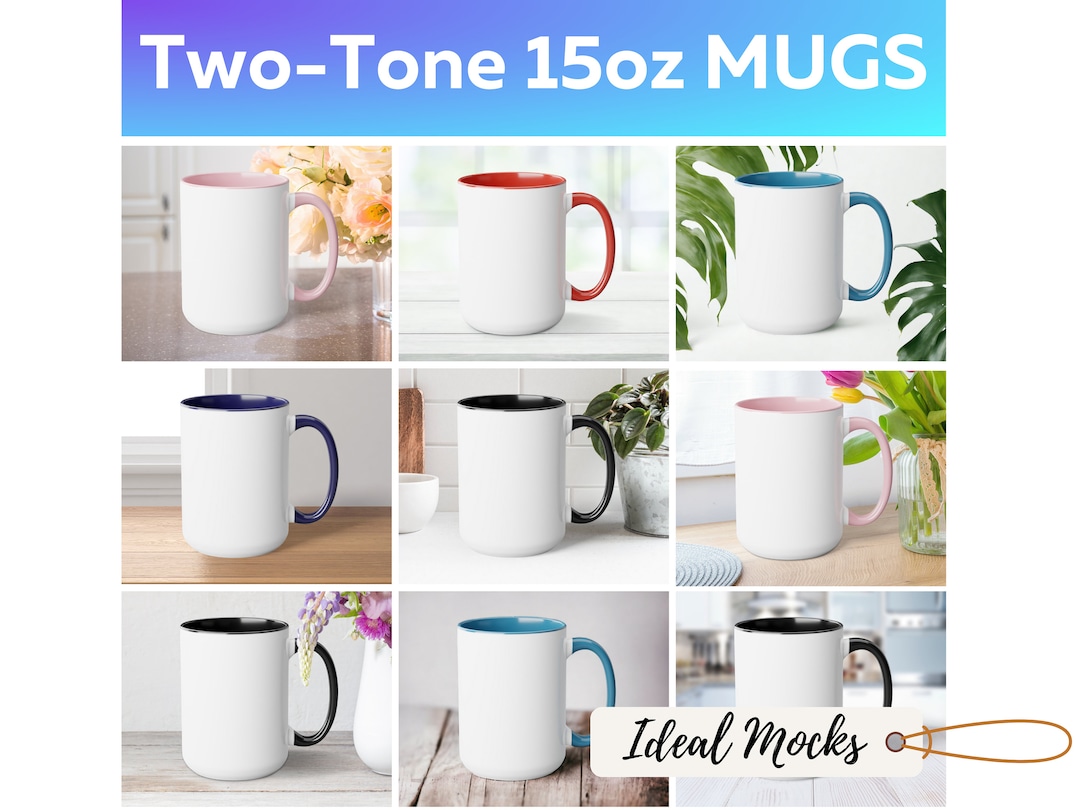 15 Oz Two Tone Coffee Mugs Mockup Bundle White Cups With Black Red Blue ...