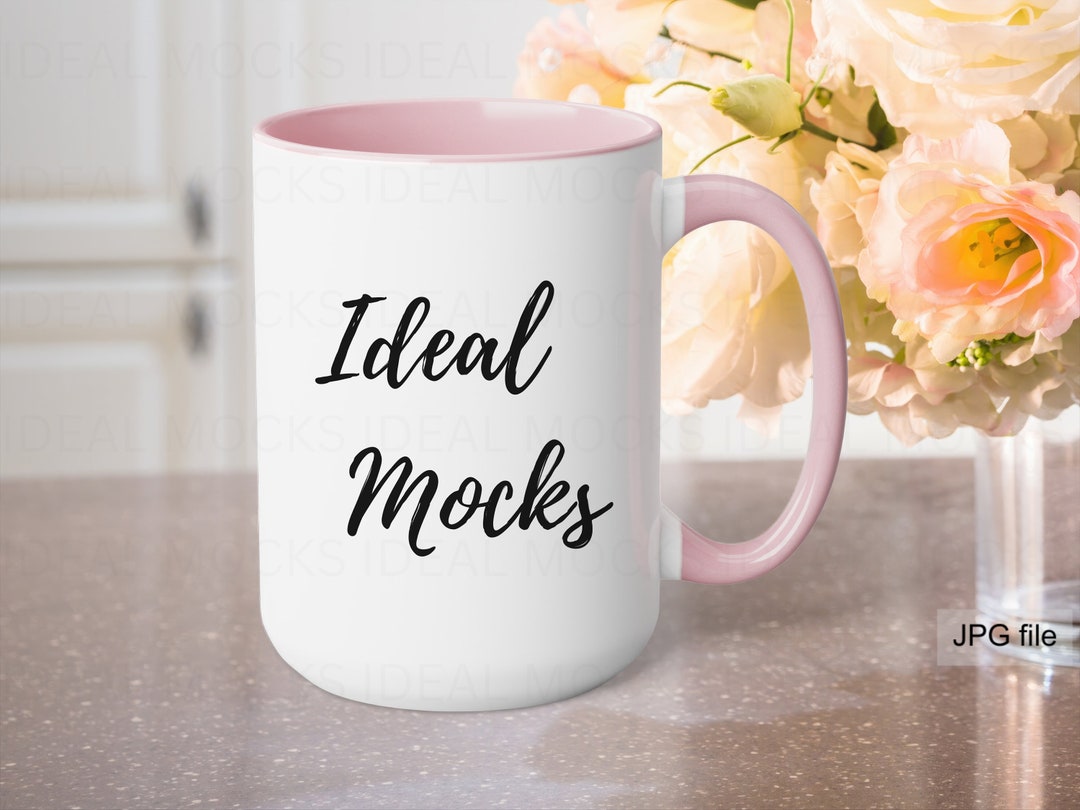 15oz Pink Two Tone Coffee Mug Mockup White Mug With Blue Handle Blank ...