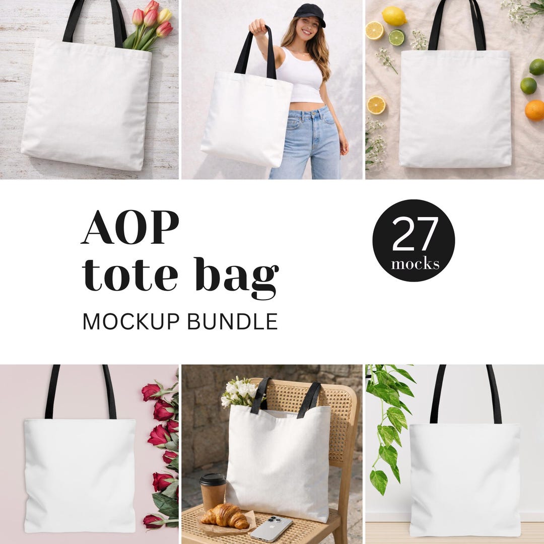 AOP Shopping Tote Bag Mockup Bundle With Black Color Handles Printify ...
