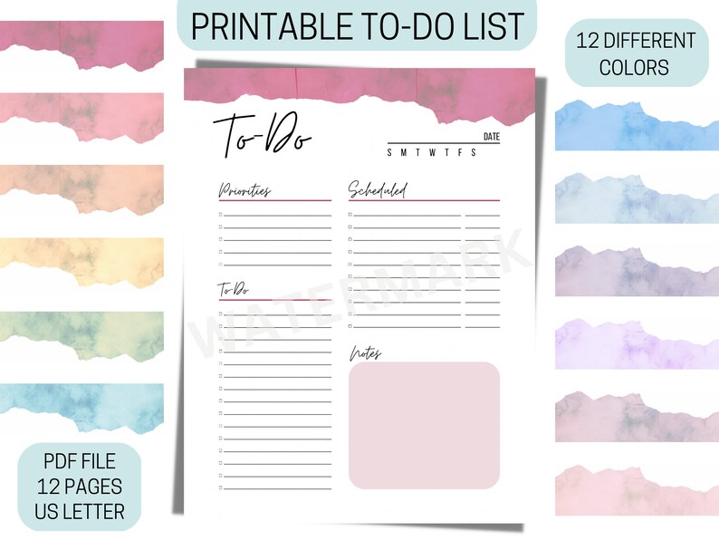 Printable To-Do List Instant Download Digital Watercolor Design 12 ...