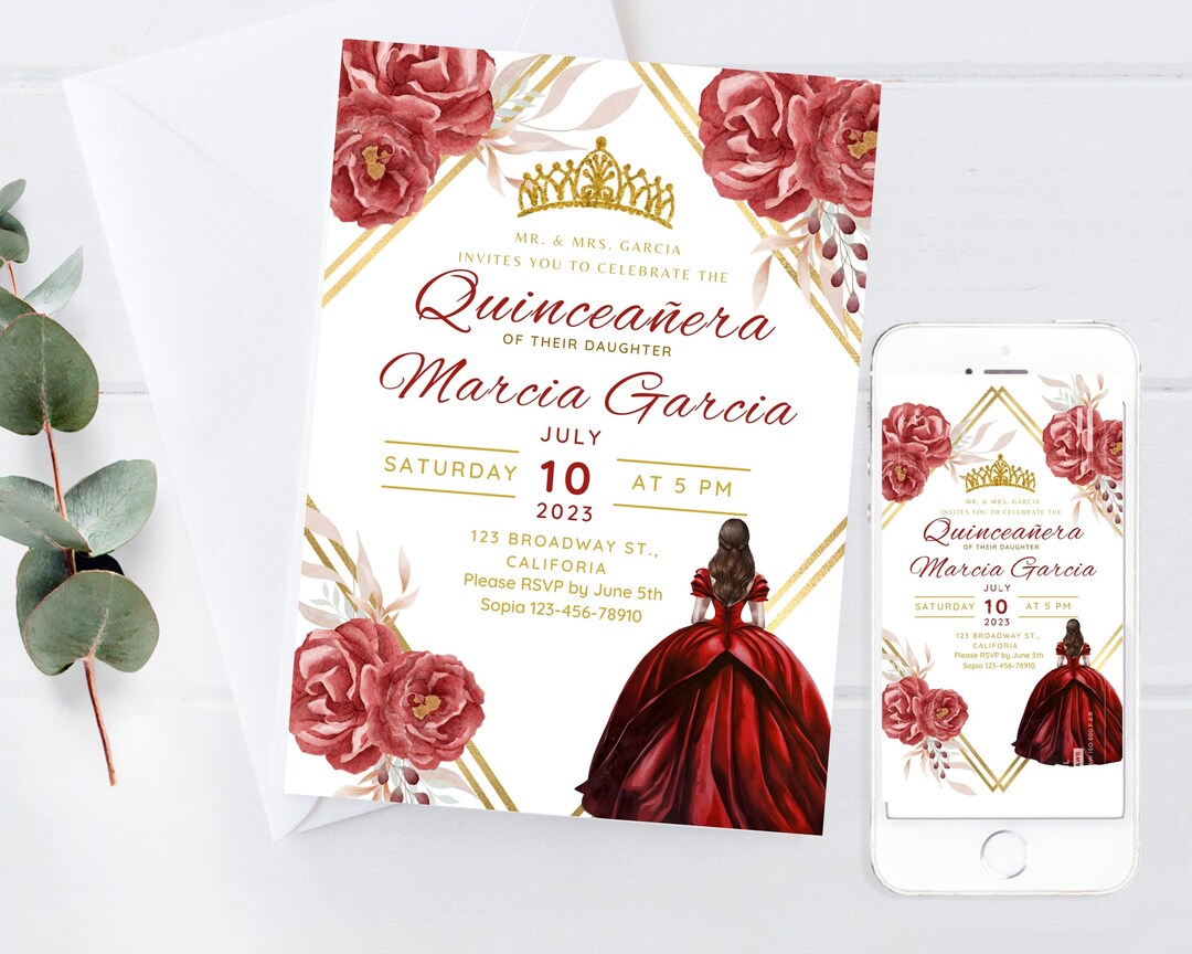 Plantilla de invitación de Quinceañera floral roja, invitaciones de ...