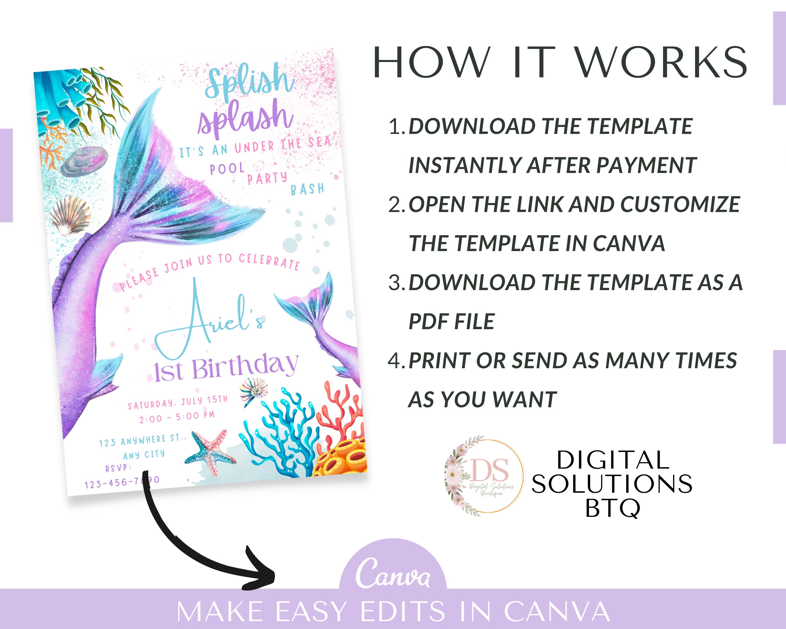 Digital Mermaid Birthday Invitation Mermaid Editable Mermaid Invitation ...