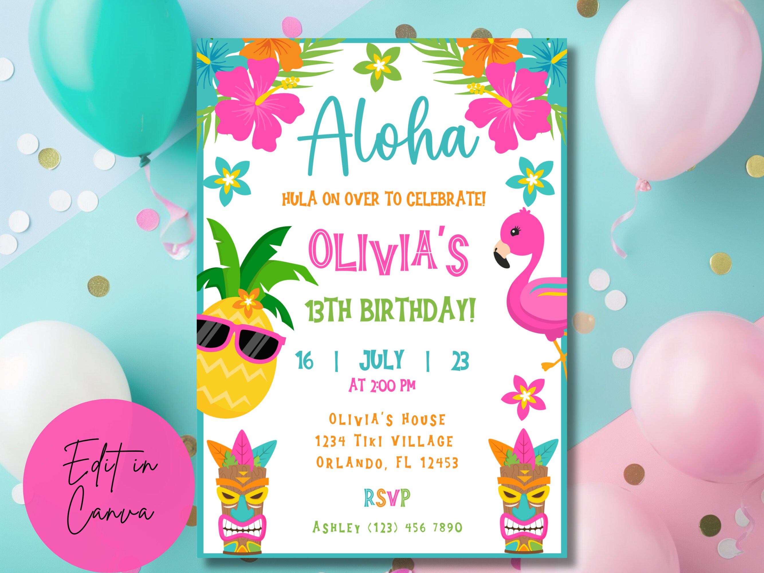 Editable Tropical Hawaiian Luau Birthday Party Invitation Pineapple ...