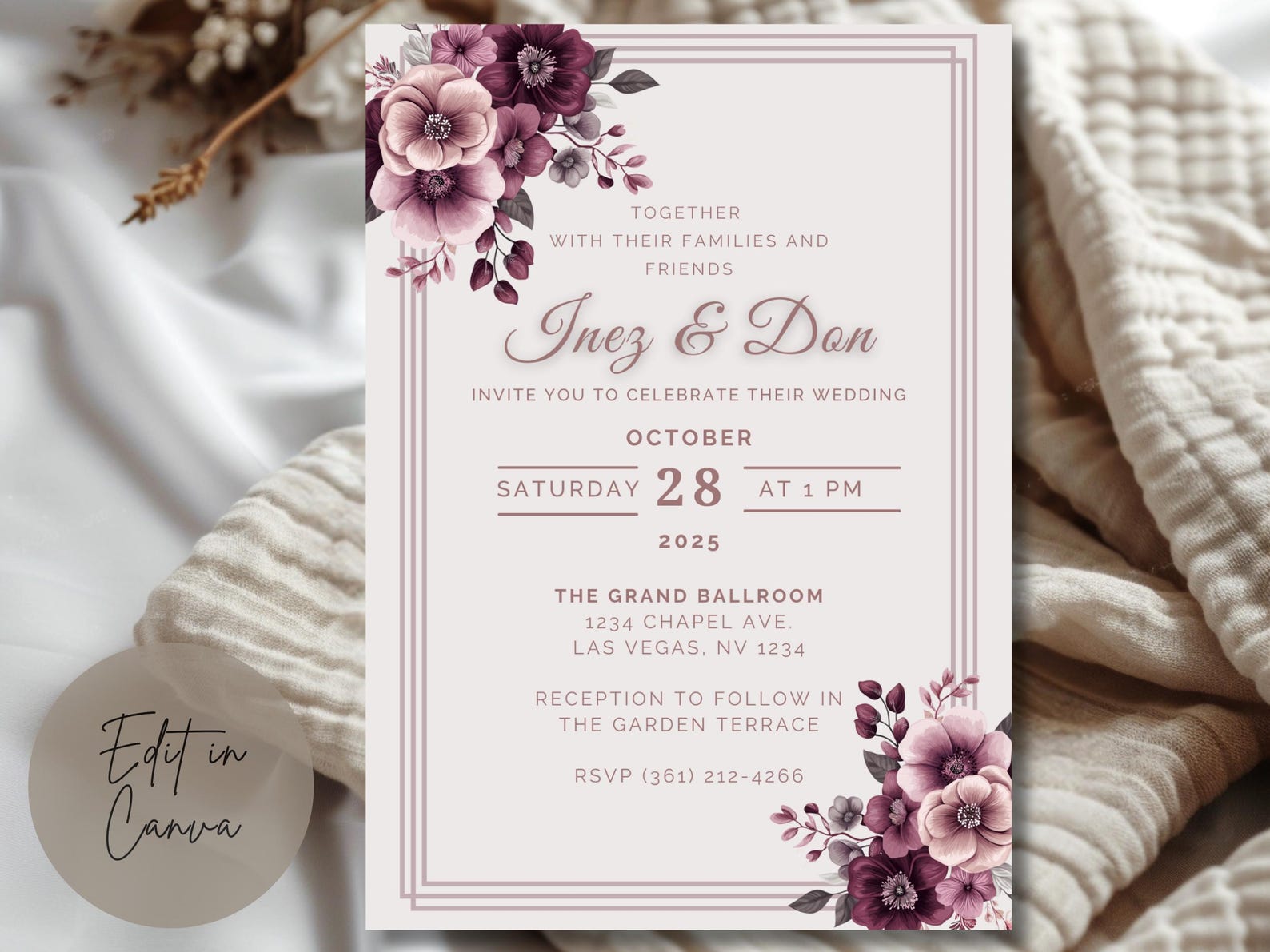 Editable Mauve Wedding Invitation Template Dusty Rose Wedding Invite ...