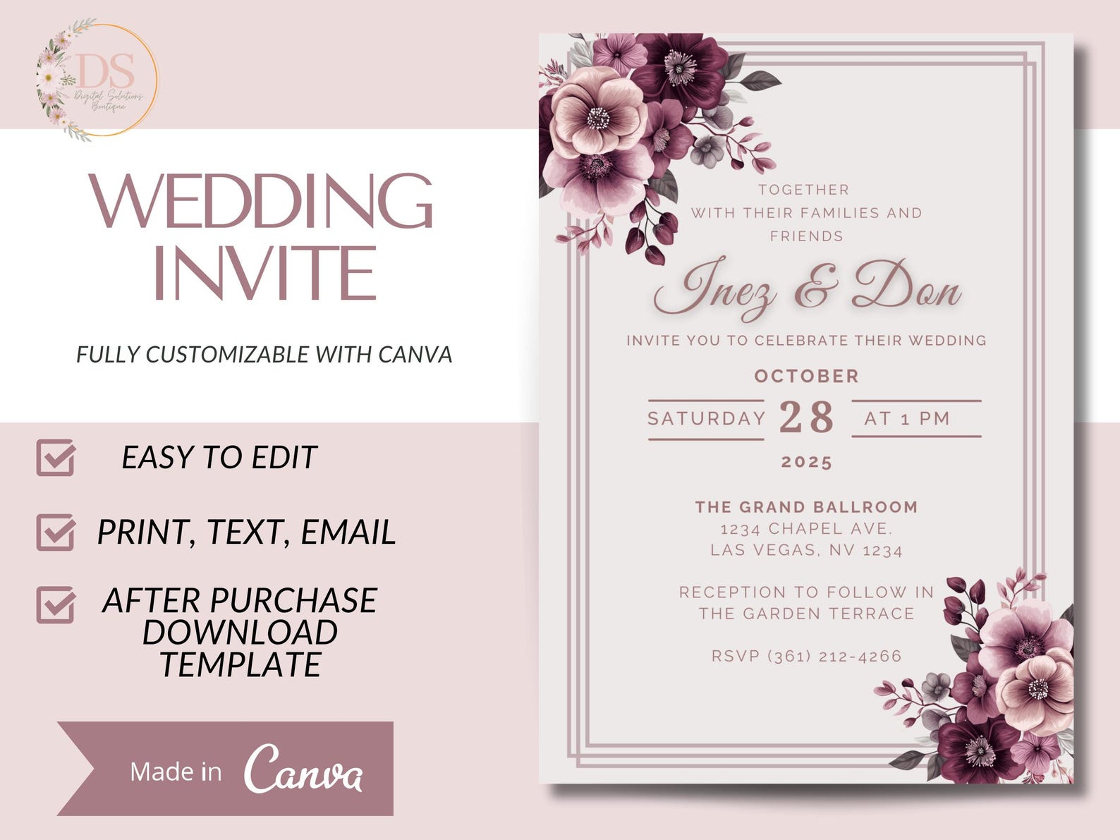 Editable Mauve Wedding Invitation Template Dusty Rose Wedding Invite ...