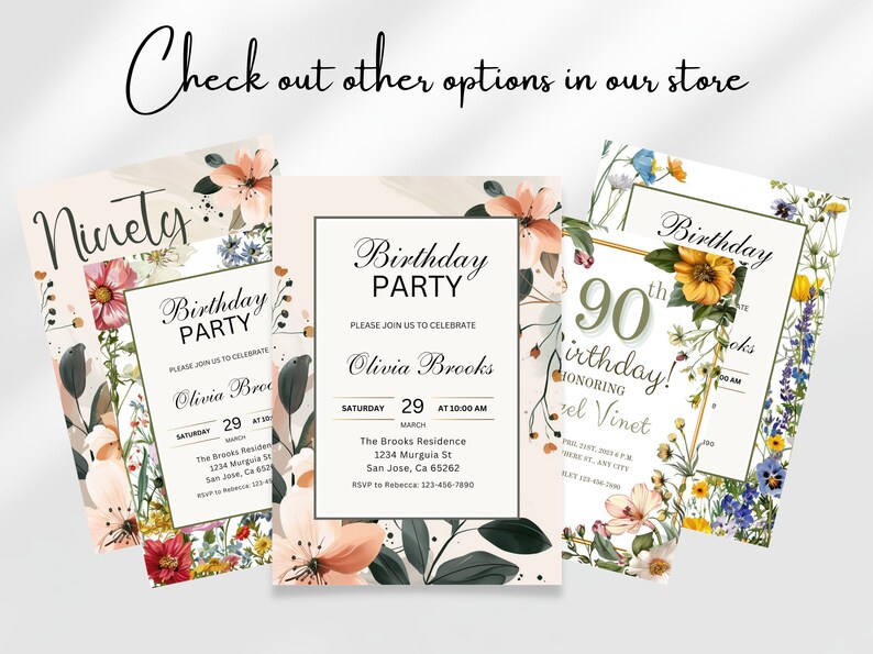Floral 90th Birthday Invitation for Woman, 90th Birthday Invite, 90th ...