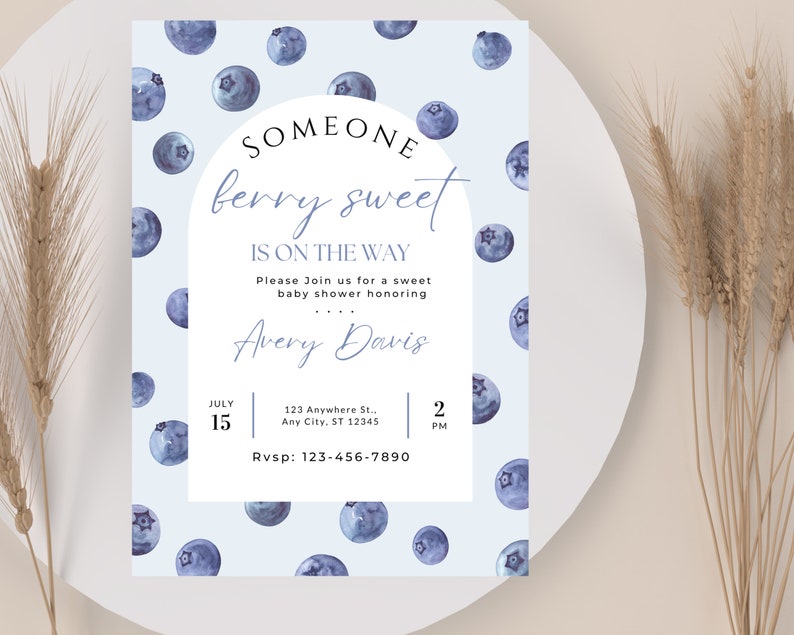 Berry Sweet Blueberry Baby Shower Invitation Editable Template for Baby ...
