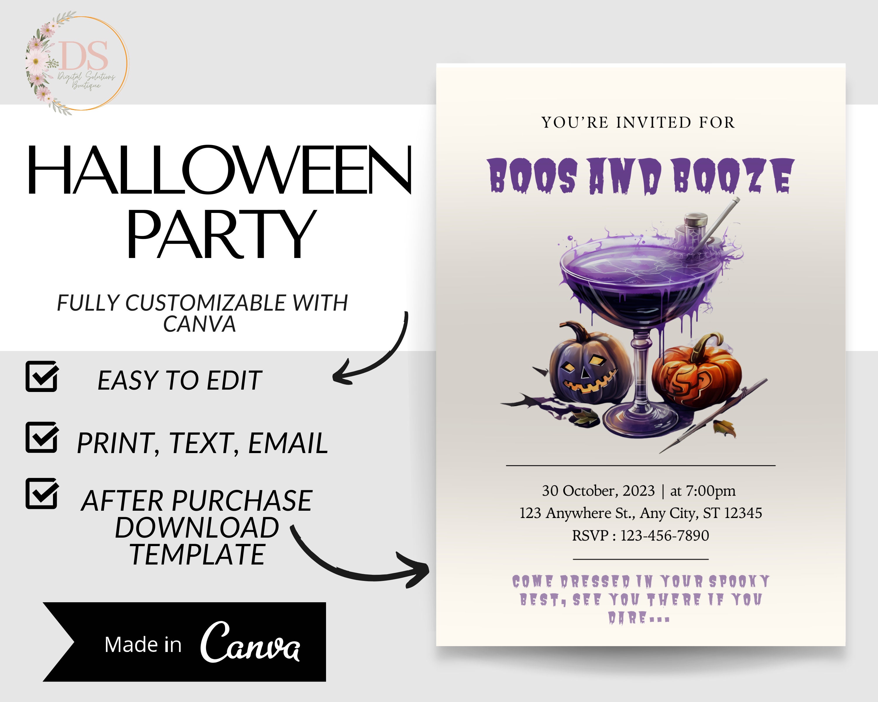 Editable Boos and Booze Minimalist Halloween Invitation, Adult ...