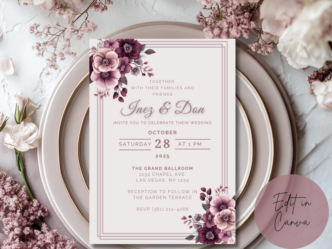 Editable Mauve Wedding Invitation Template Dusty Rose Wedding Invite ...