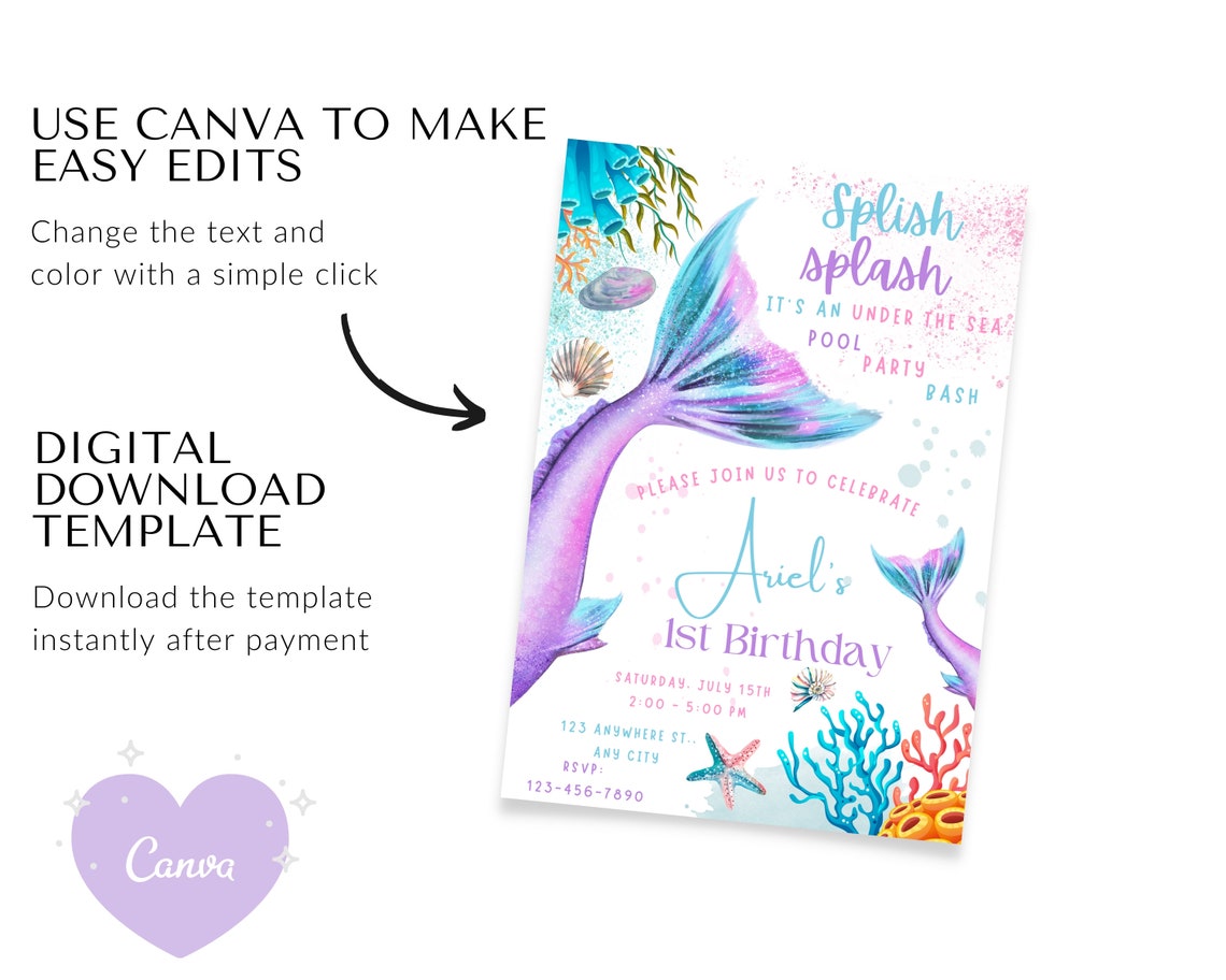 Digital Mermaid Birthday Invitation Mermaid Editable Mermaid Invitation ...