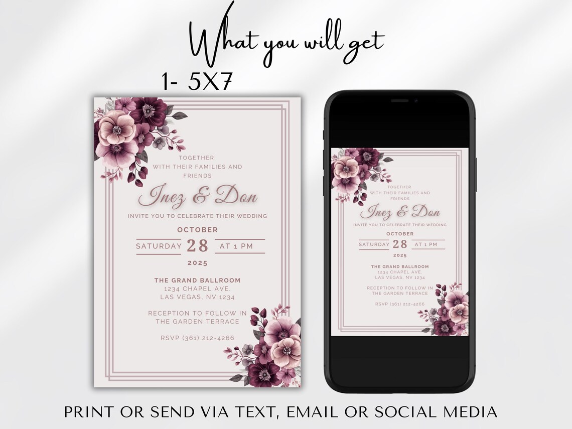 Editable Mauve Wedding Invitation Template Dusty Rose Wedding Invite ...