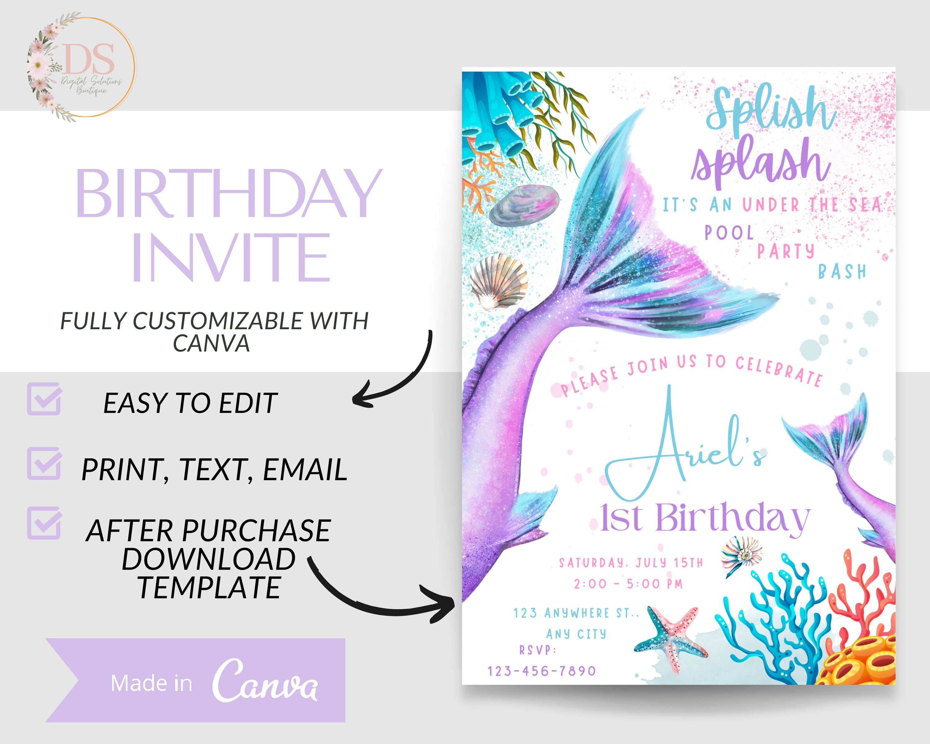 Digital Mermaid Birthday Invitation Mermaid Editable Mermaid Invitation ...