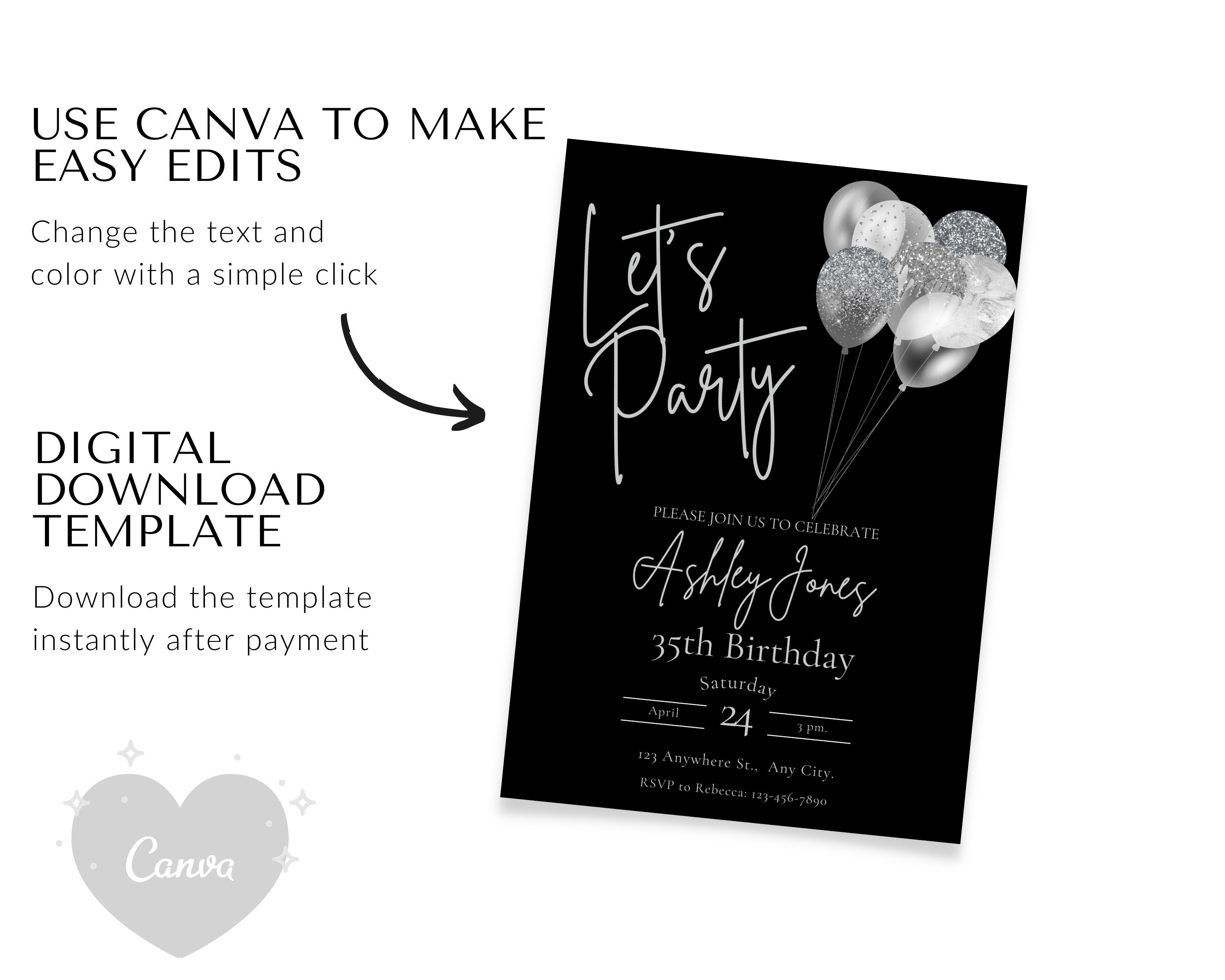 Glitter Balloon Birthday Invitation Customizable Black And Silver 50th