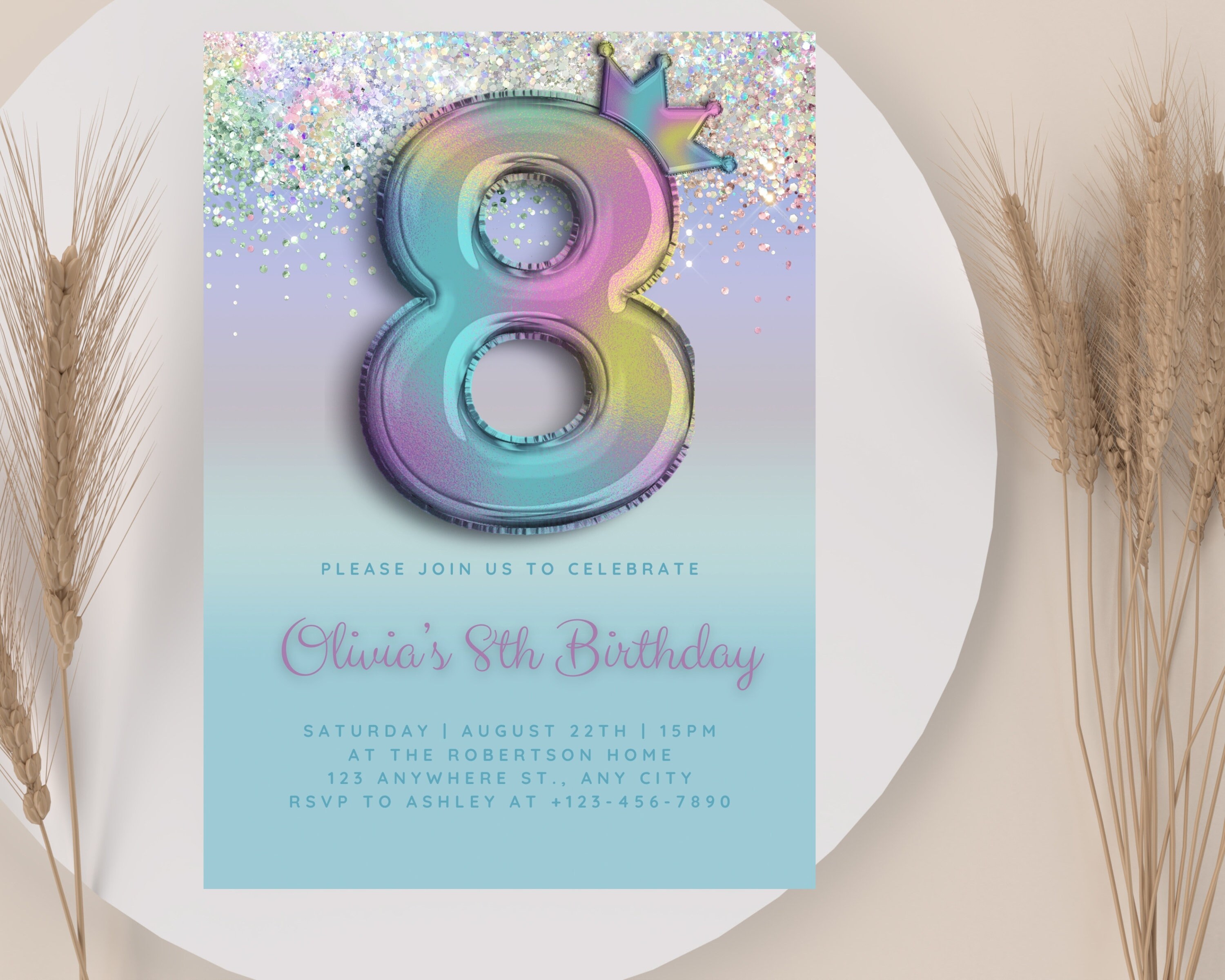 Editable 8th Birthday Girl Invitation Purple Glitter Party Invite ...