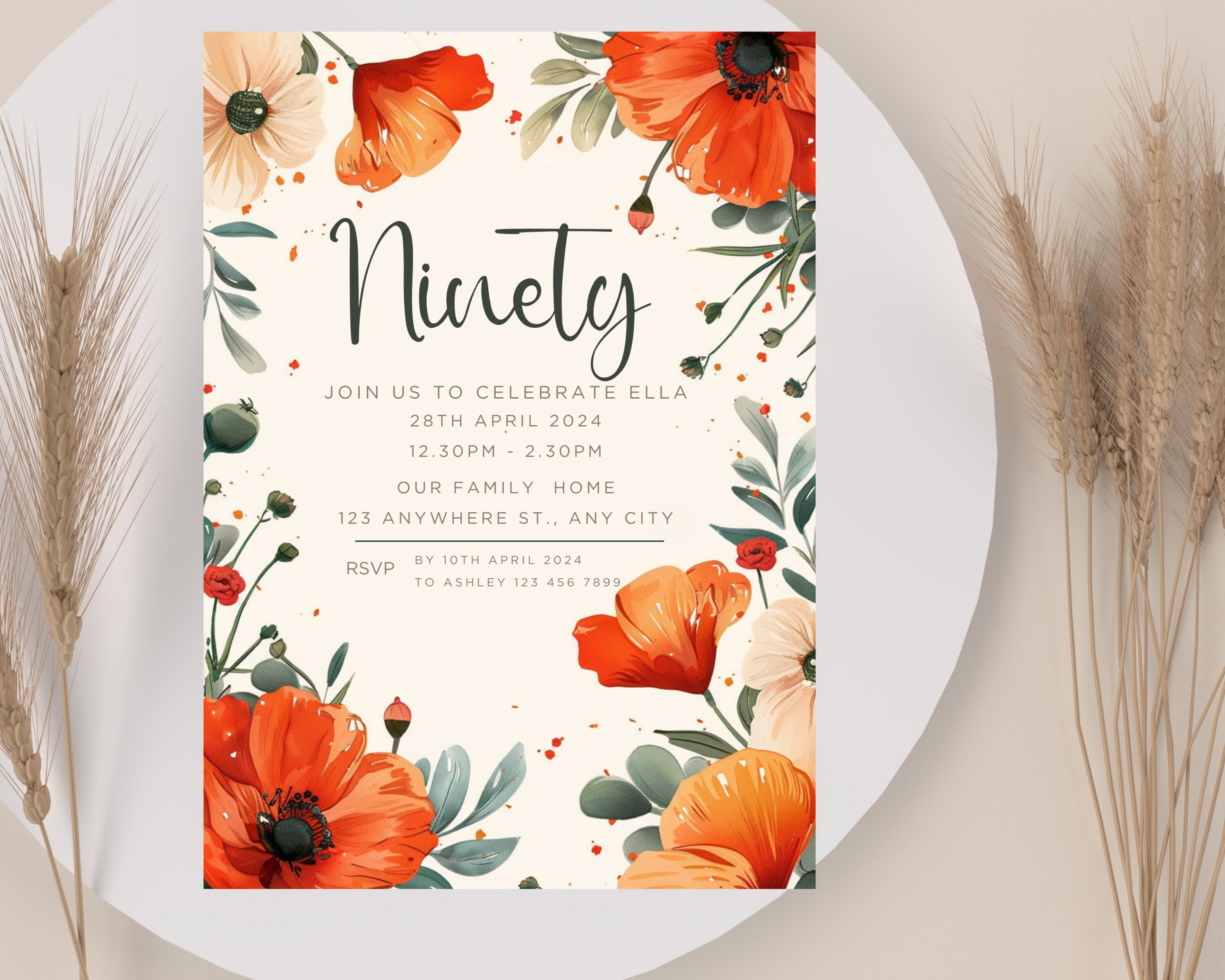 Editable 90th Watercolor Floral Birthday Invitations 90th & 70th ...