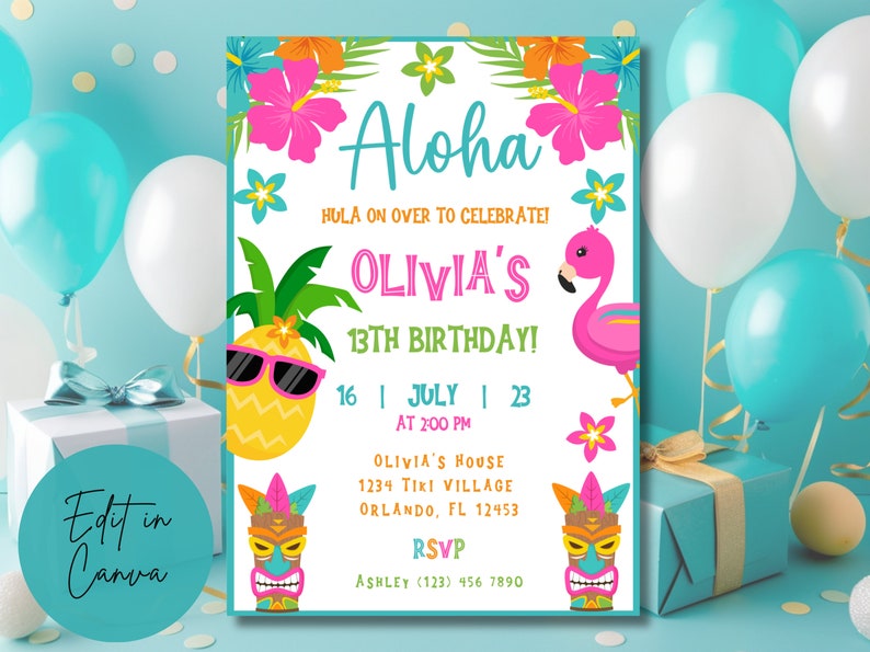 Editable Tropical Hawaiian Luau Birthday Party Invitation Pineapple ...
