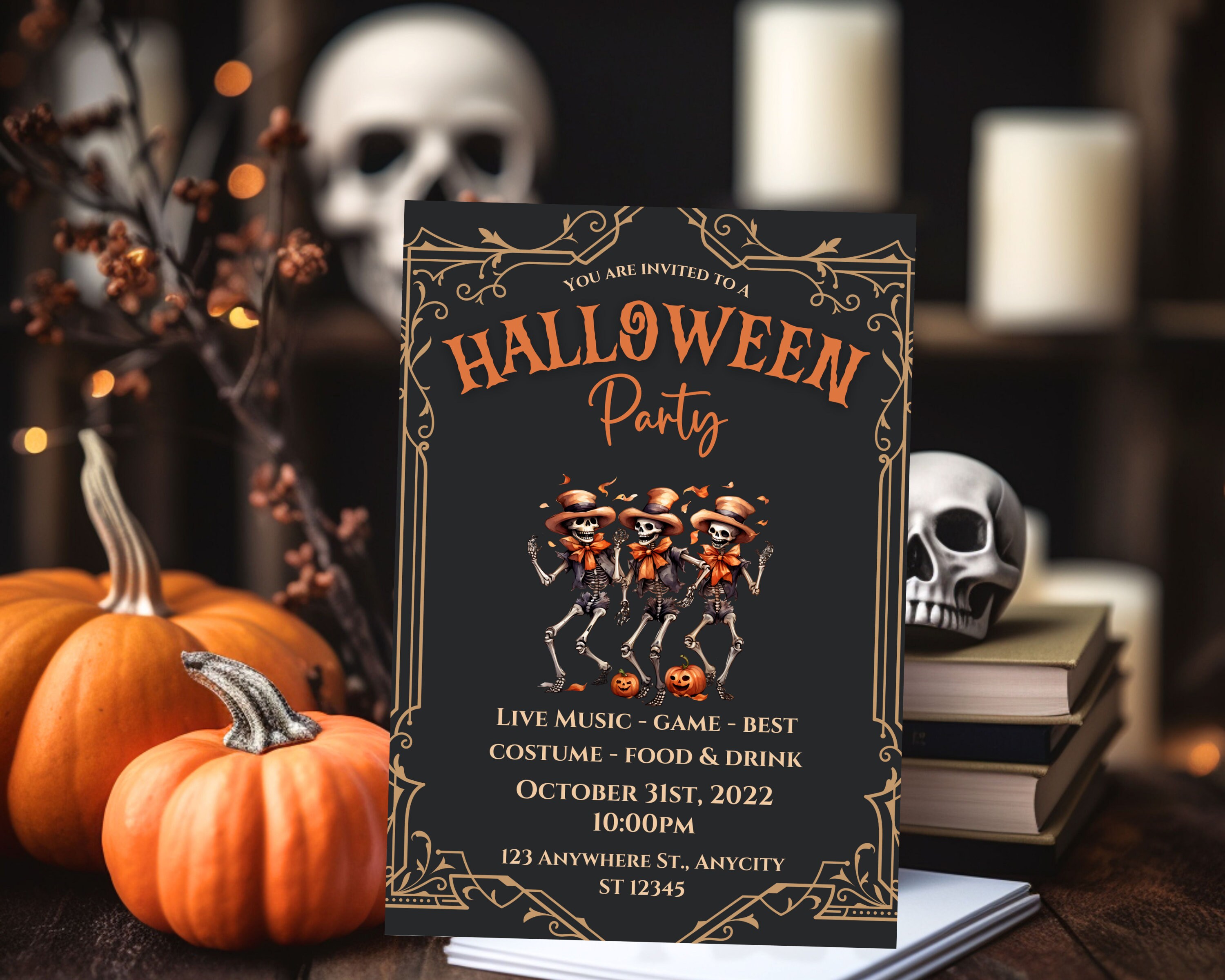 Editable Dancing Skeleton Halloween Invitation, Vintage Adult Halloween ...