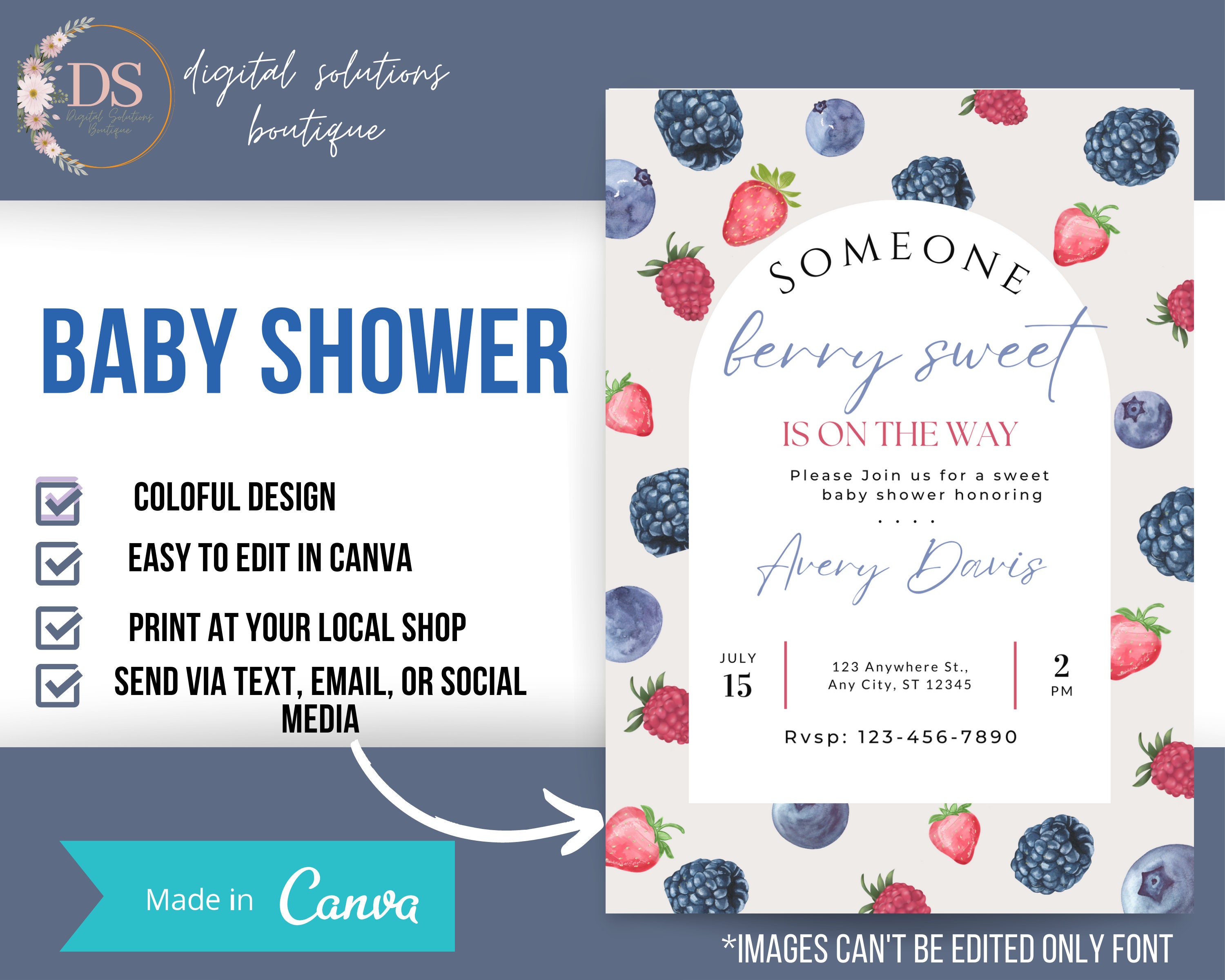 Berry Sweet Baby Shower Invitation Editable Template for Baby Girl ...