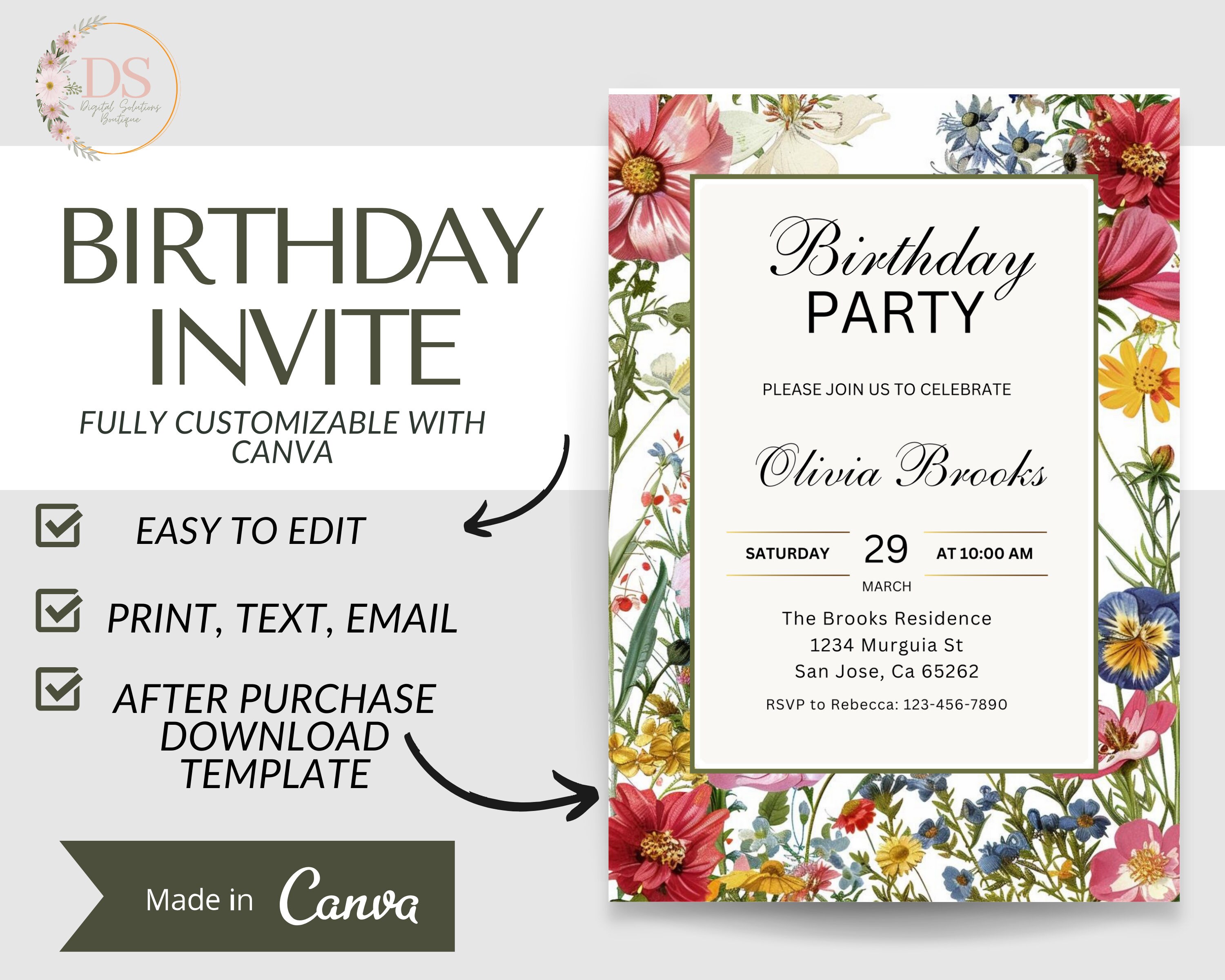 Flower Birthday Invitation Wildflower Birthday Invite Floral Woman's ...