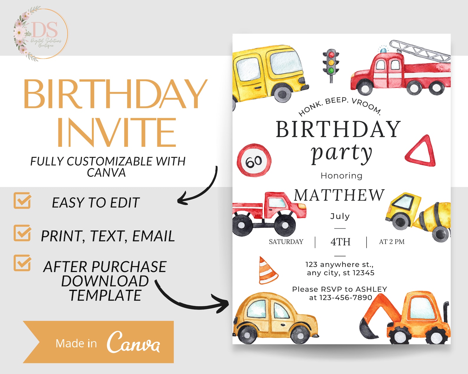 Editable Transportation Birthday Invitation Template Editable Truck ...
