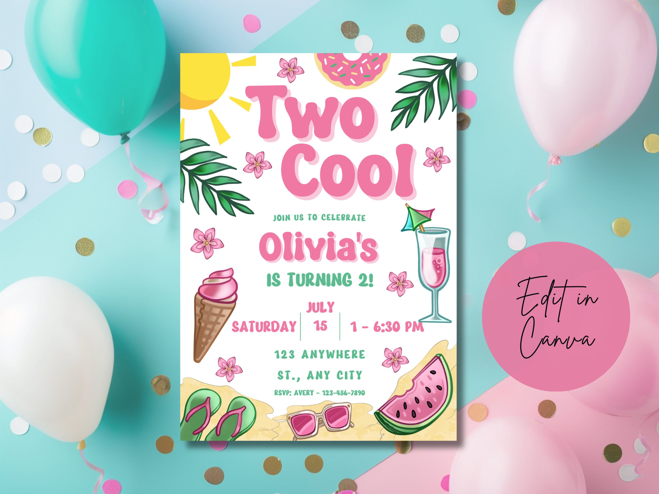 Editable Two Cool Birthday Invite Template Girls Two Cool Birthday ...