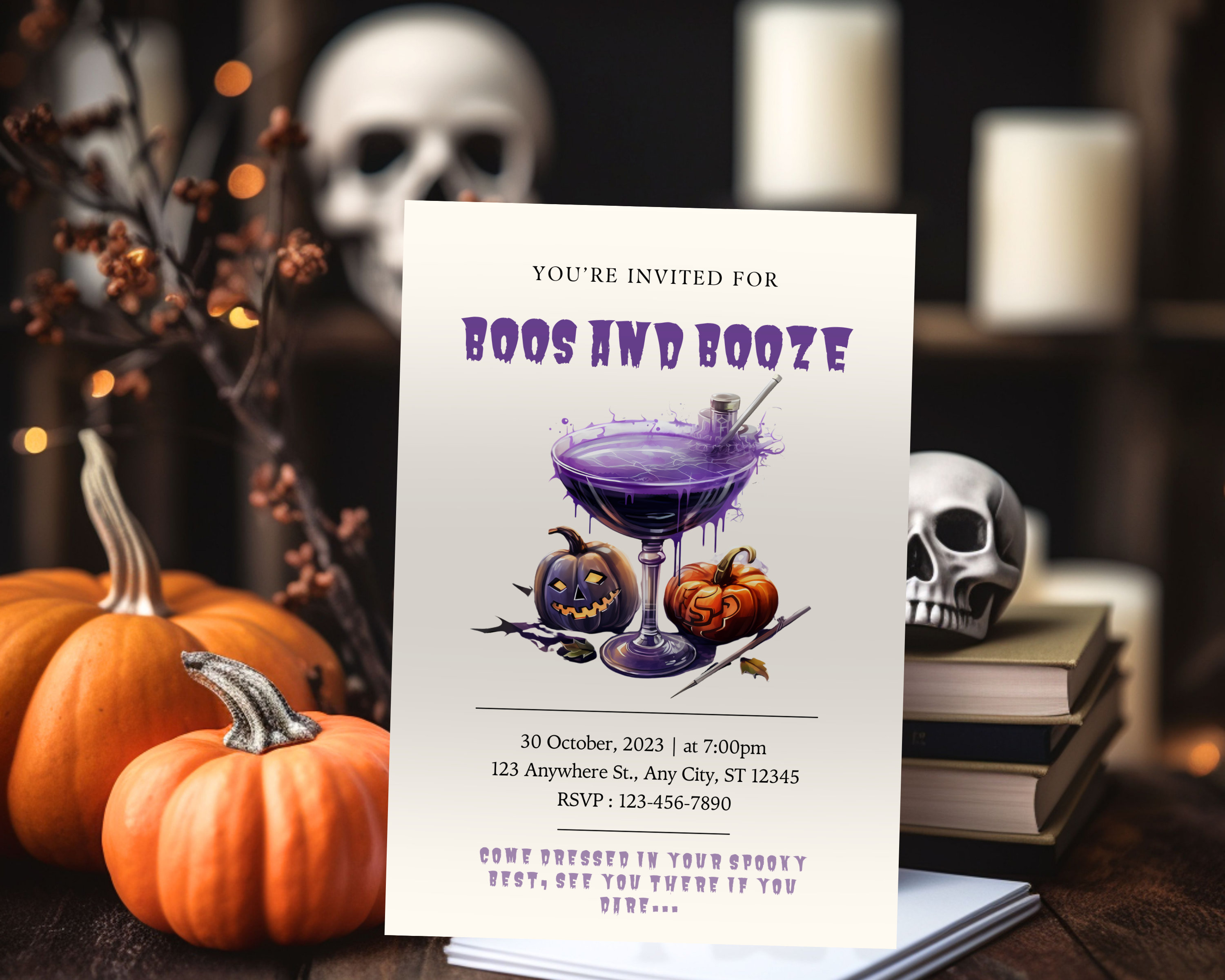 Editable Boos and Booze Minimalist Halloween Invitation, Adult ...