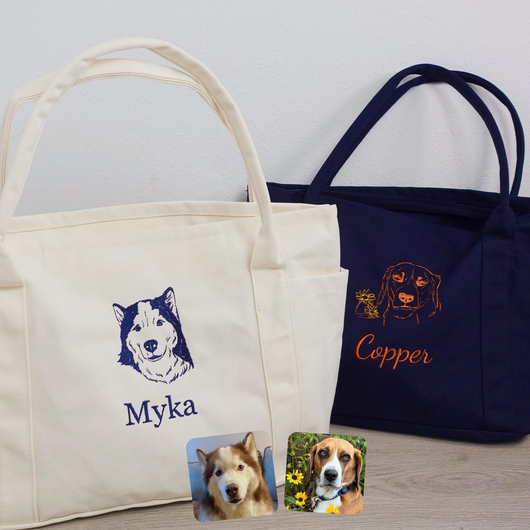 Custom Dog Portrait Canvas Tote Bag With Zipper & Pockets, Personalized ...