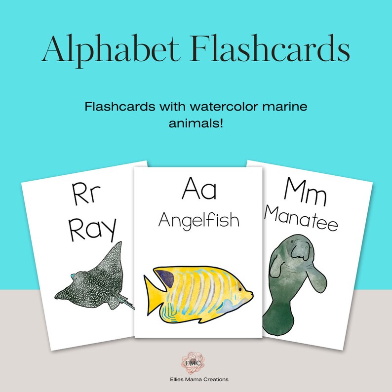 Hand-drawn Watercolor Ocean Animals Alphabet Flashcards | Digital ...