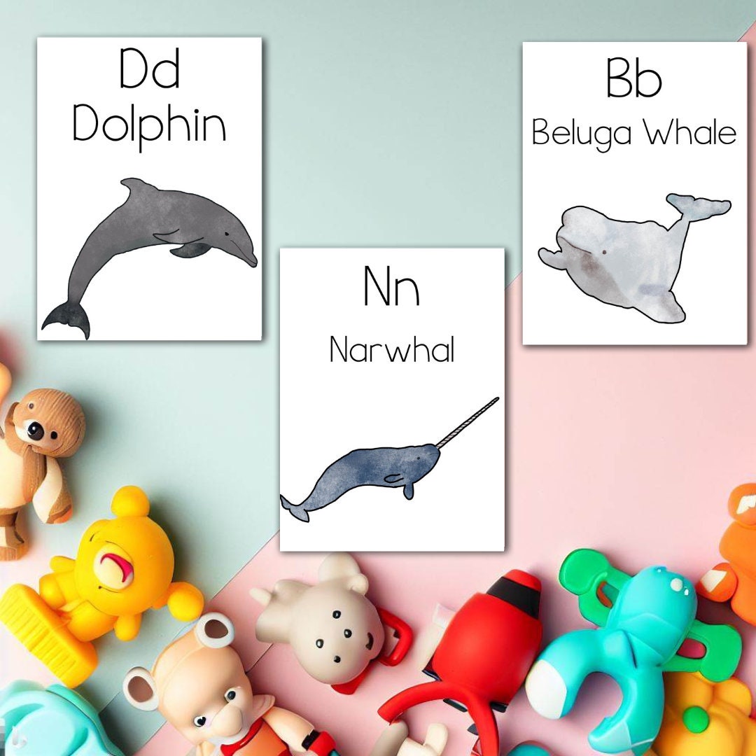 Hand-drawn Watercolor Ocean Animals Alphabet Flashcards | Digital ...
