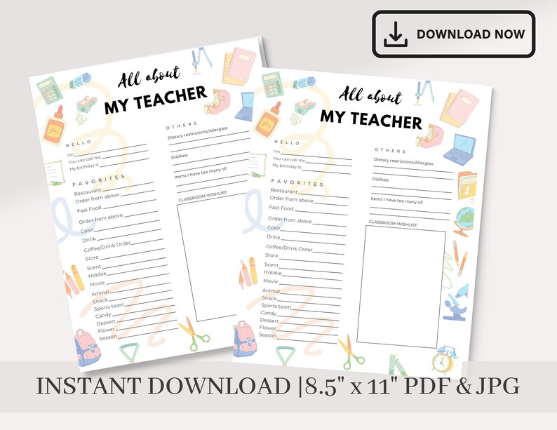 INSTANT DOWNLOAD & PRINT - All About My Teacher Printable | Teacher ...
