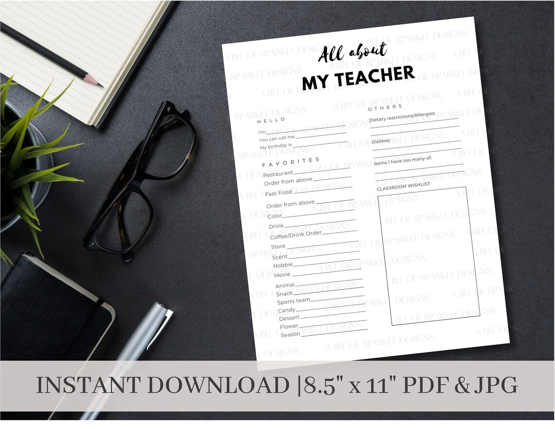 INSTANT DOWNLOAD & PRINT - All About My Teacher Printable | Teacher ...