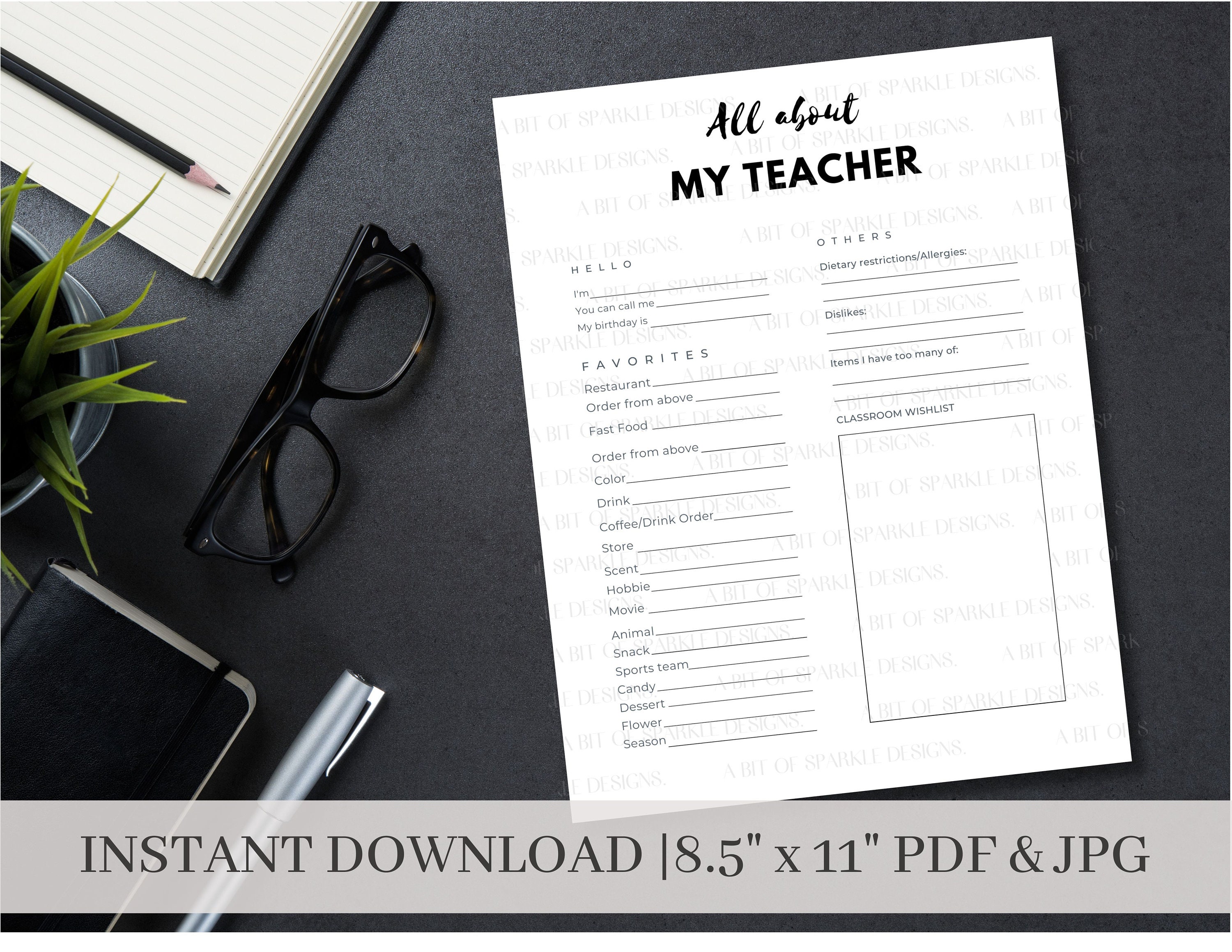 INSTANT DOWNLOAD & PRINT - All About My Teacher Printable | Teacher ...