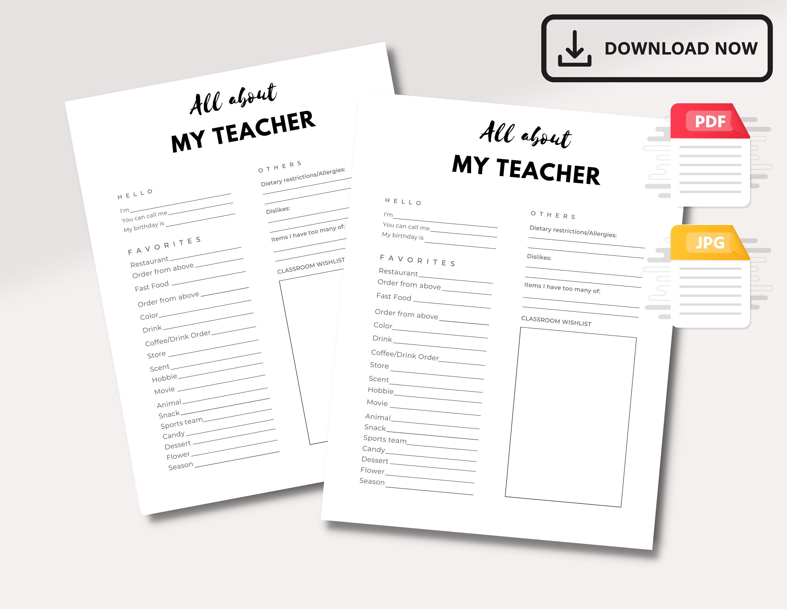 INSTANT DOWNLOAD & PRINT - All About My Teacher Printable | Teacher ...