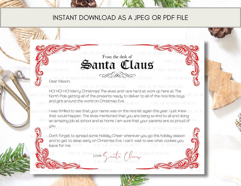 Personalized Santa Letter, Printable Christmas Keepsake (digital ...