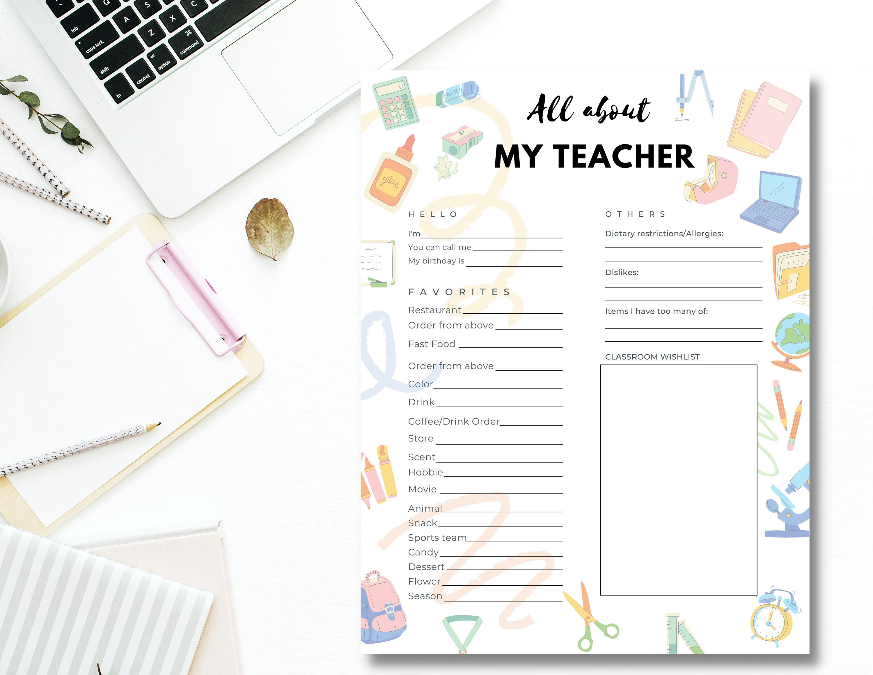 INSTANT DOWNLOAD & PRINT - All About My Teacher Printable | Teacher ...