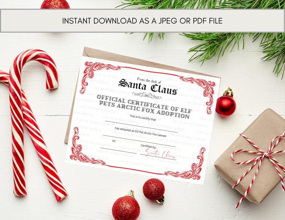 Editable Elf Pets Arctic Fox Adoption Certificate From Santa (canva ...