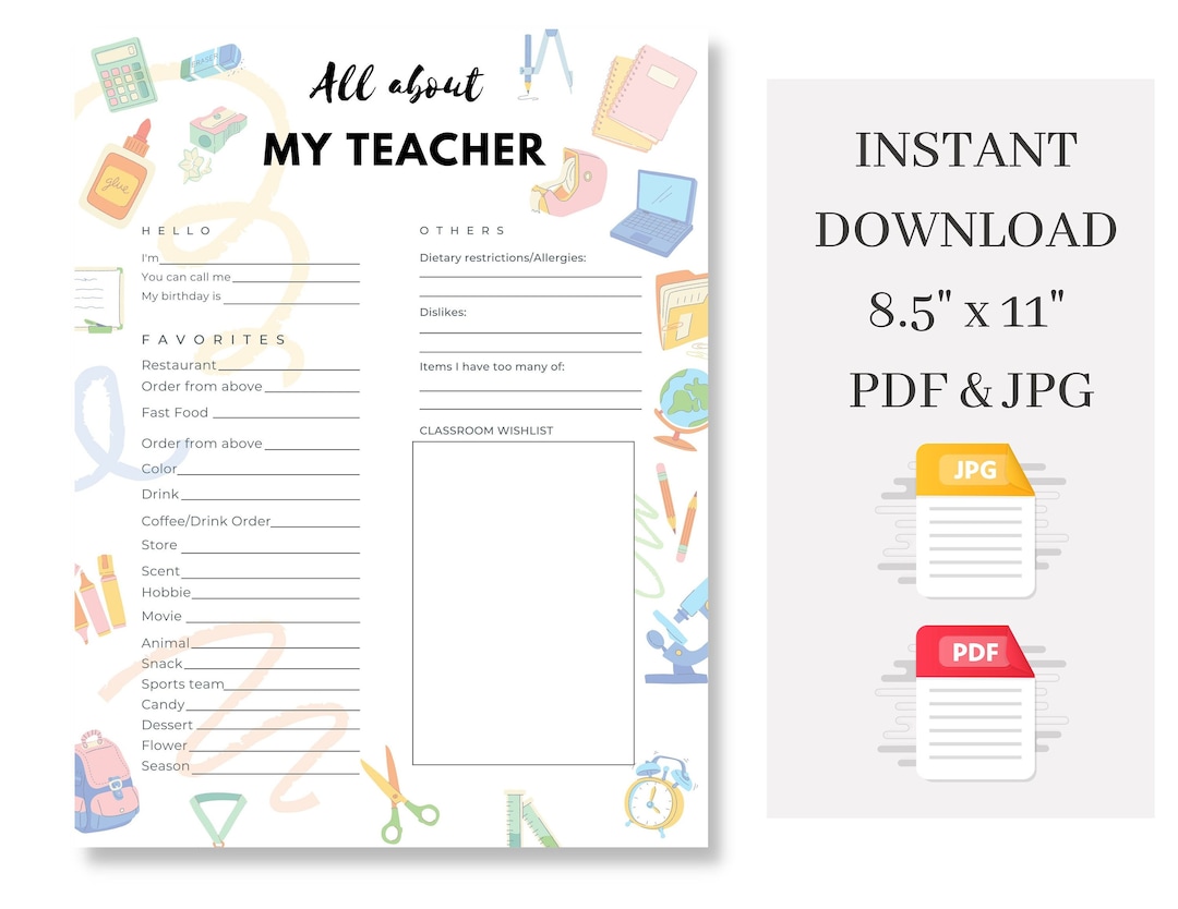 INSTANT DOWNLOAD & PRINT - All About My Teacher Printable | Teacher ...