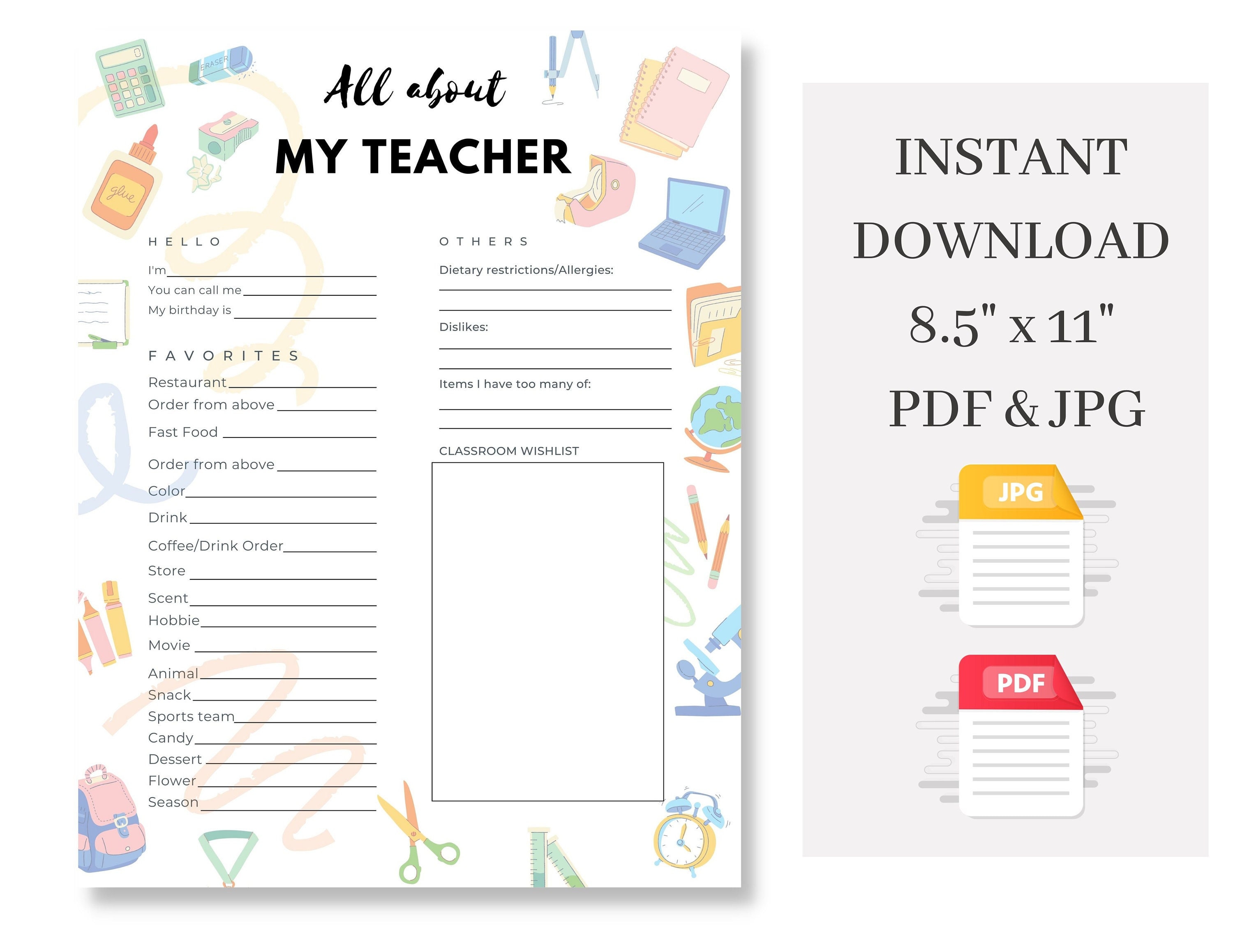 INSTANT DOWNLOAD & PRINT - All About My Teacher Printable | Teacher ...